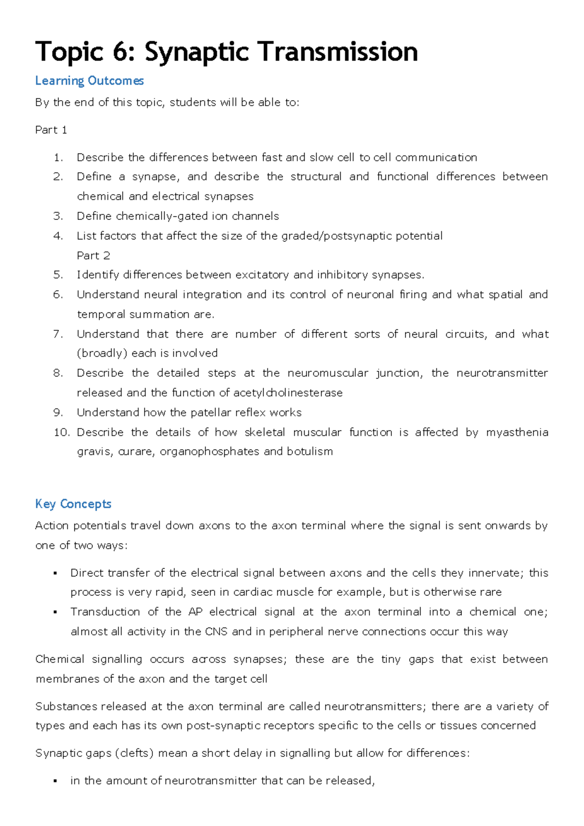 Topic 6 Synaptic Transmission - Learning Outcomes By the end of this ...
