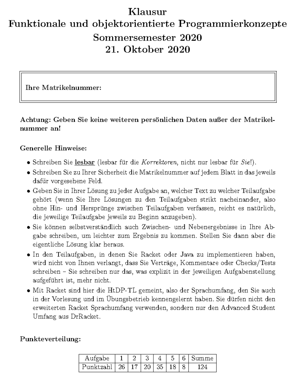 Klausur FOP 2020 10 - Klausur Funktionale und objektorientierte Programmierkonzepte ...