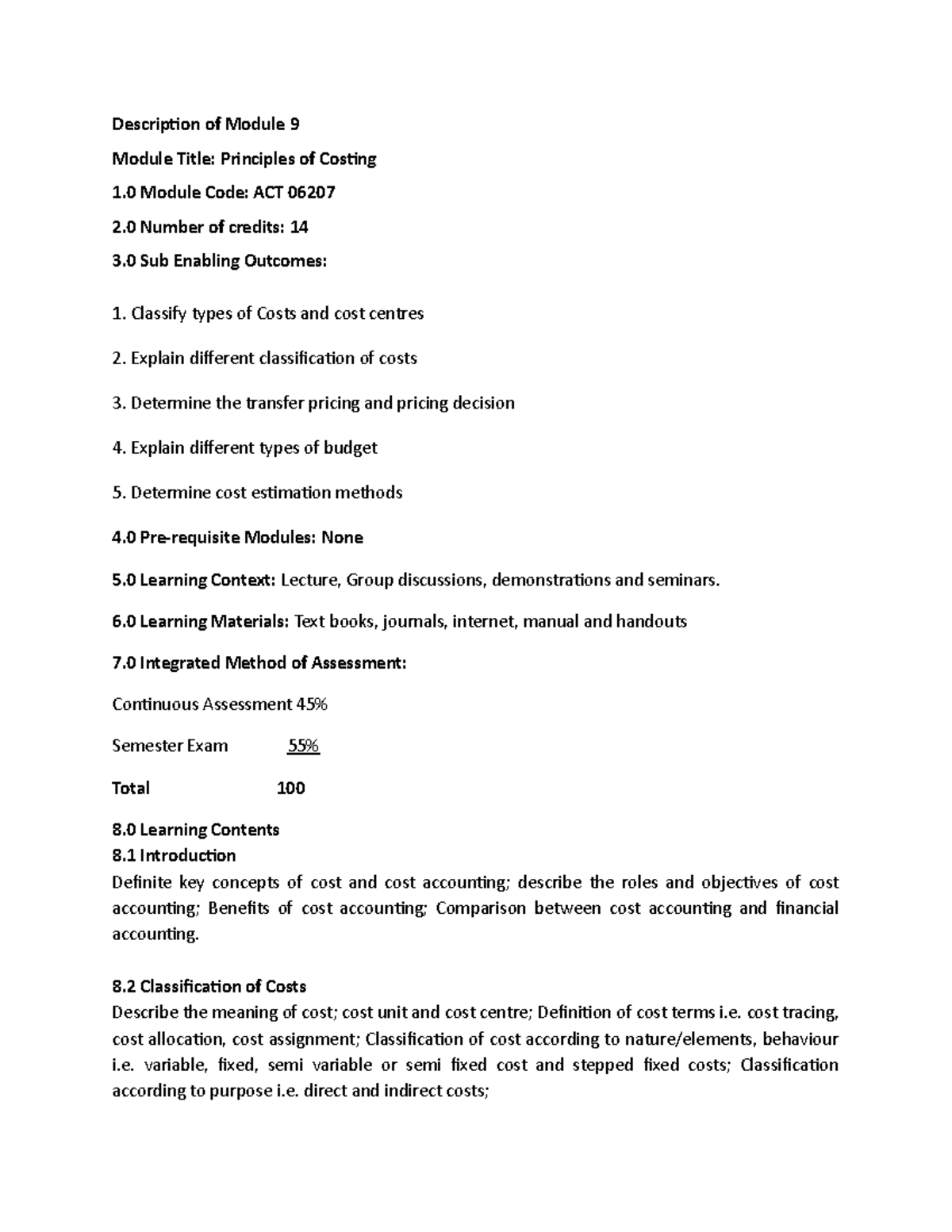 Costing Notes - Mbeya - Description of Module 9 Module Title ...