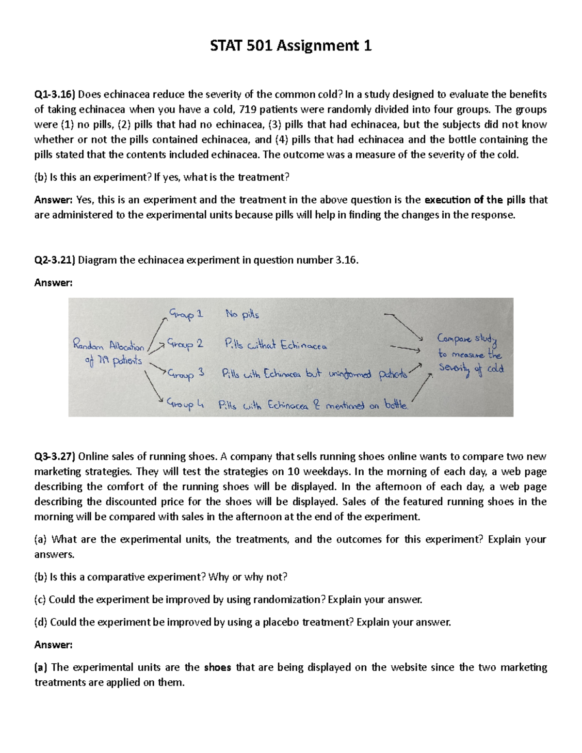 Homework-1 for STAT 501 - STAT 501 Assignment 1 Q1-3) Does echinacea ...