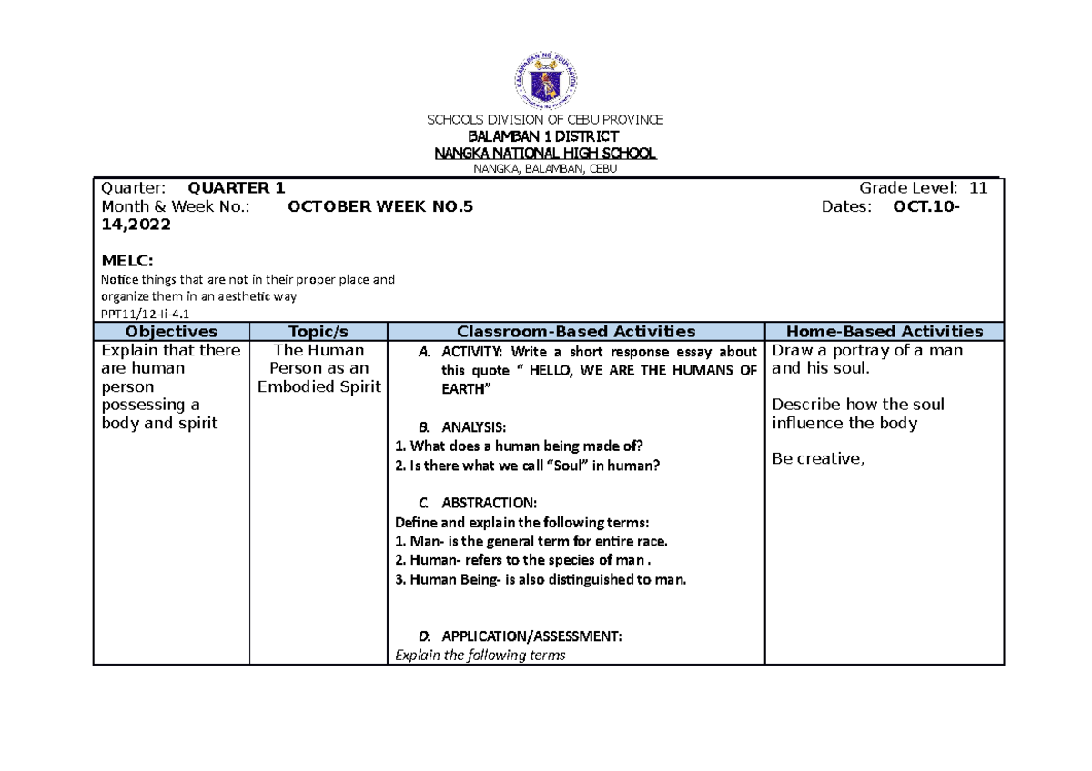 WLP- Intro TO Philo WEEK 6 - SCHOOLS DIVISION OF CEBU PROVINCE BALAMBAN ...