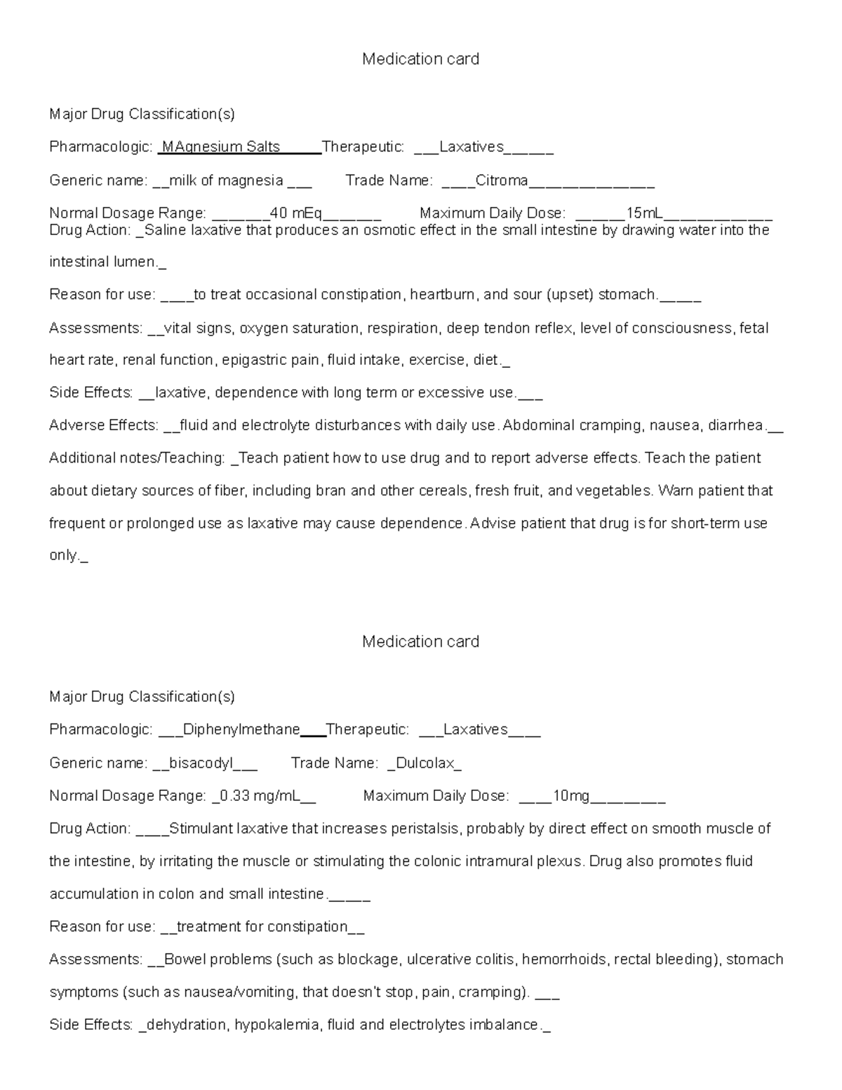 Medication card template 2 -laxatives - Medication card Major Drug ...