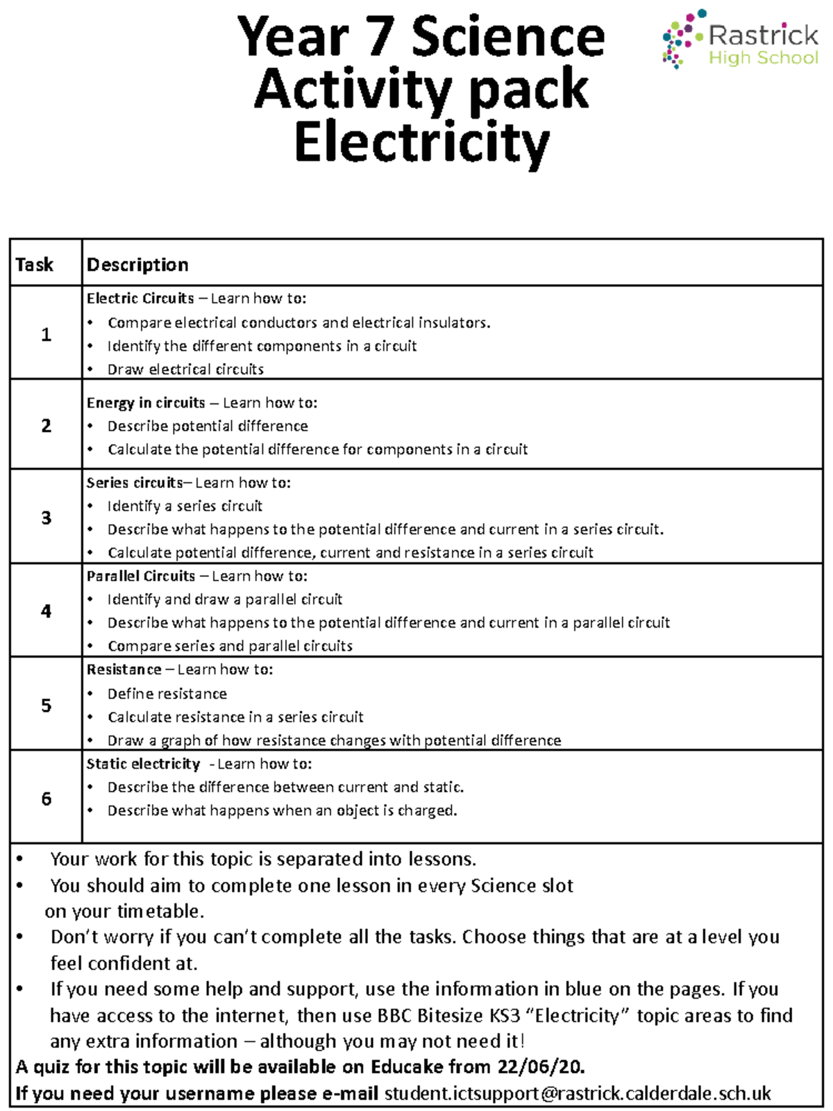Year 7 Electricity 1 student activity pack - Task Description 1 ...