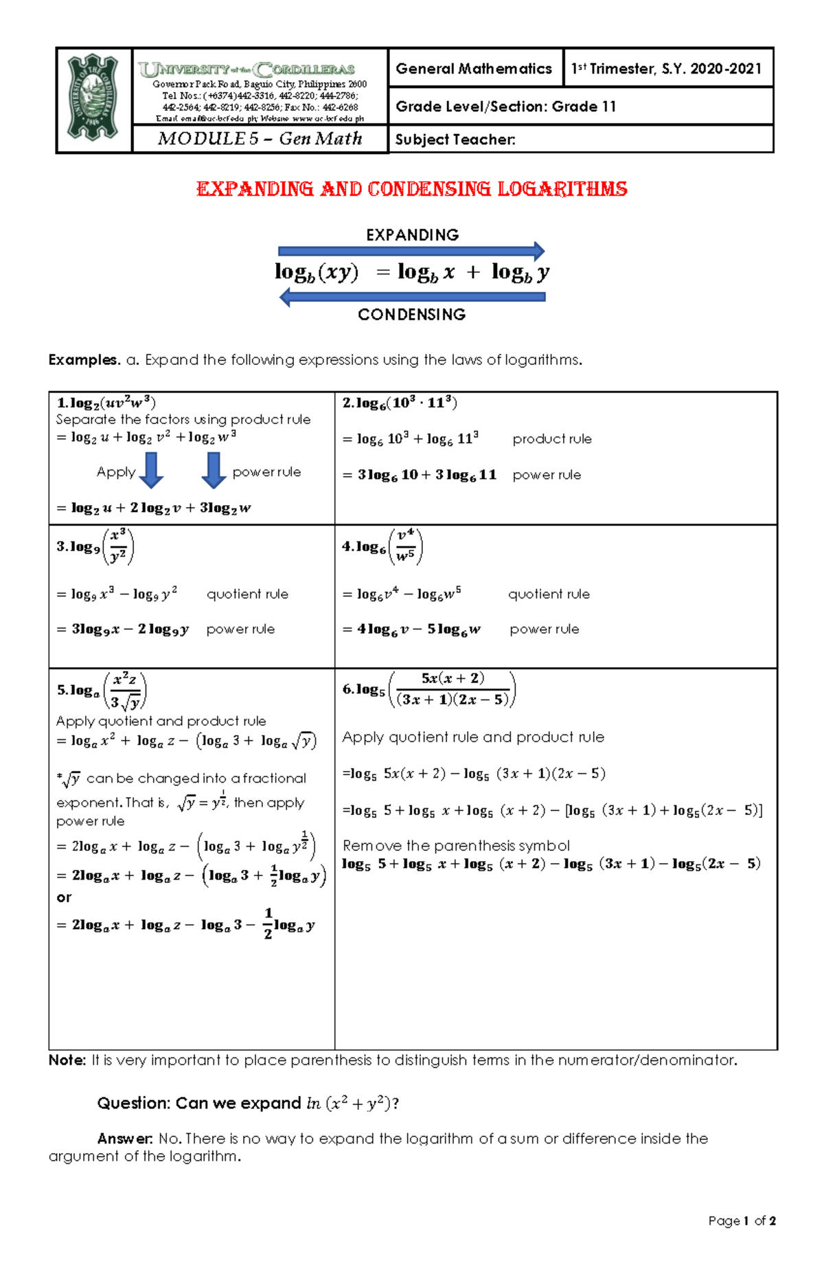 Module 5 a Expanding and Condensing logarithms - Governor Pack Road, Baguio City, Philippines ...
