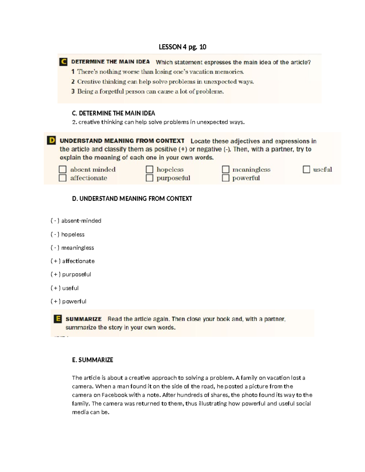 Lesson 4 pg 10 C, D Y E - LESSON 4 pg. 10 C. DETERMINE THE MAIN IDEA 2 ...