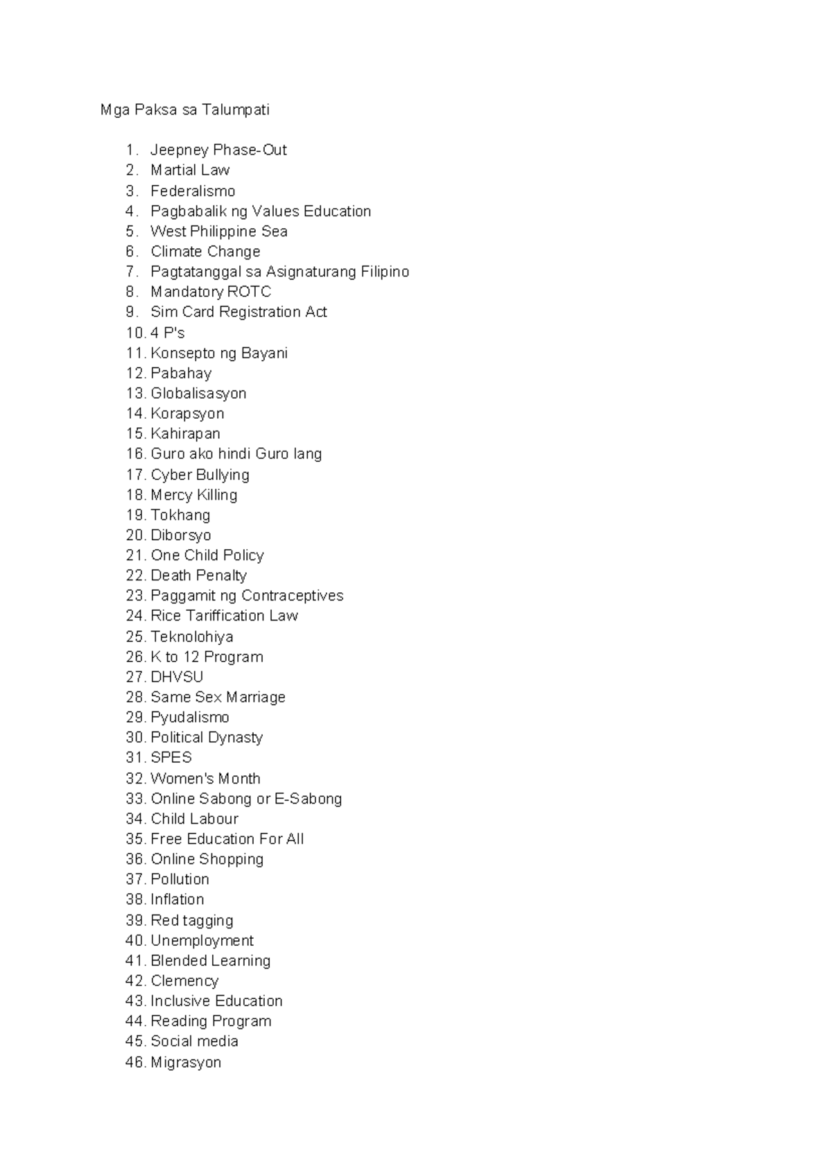 Paksa-sa-Talumpati - KOMFIUL TALUMPATI - Mga Paksa sa Talumpati 1 ...