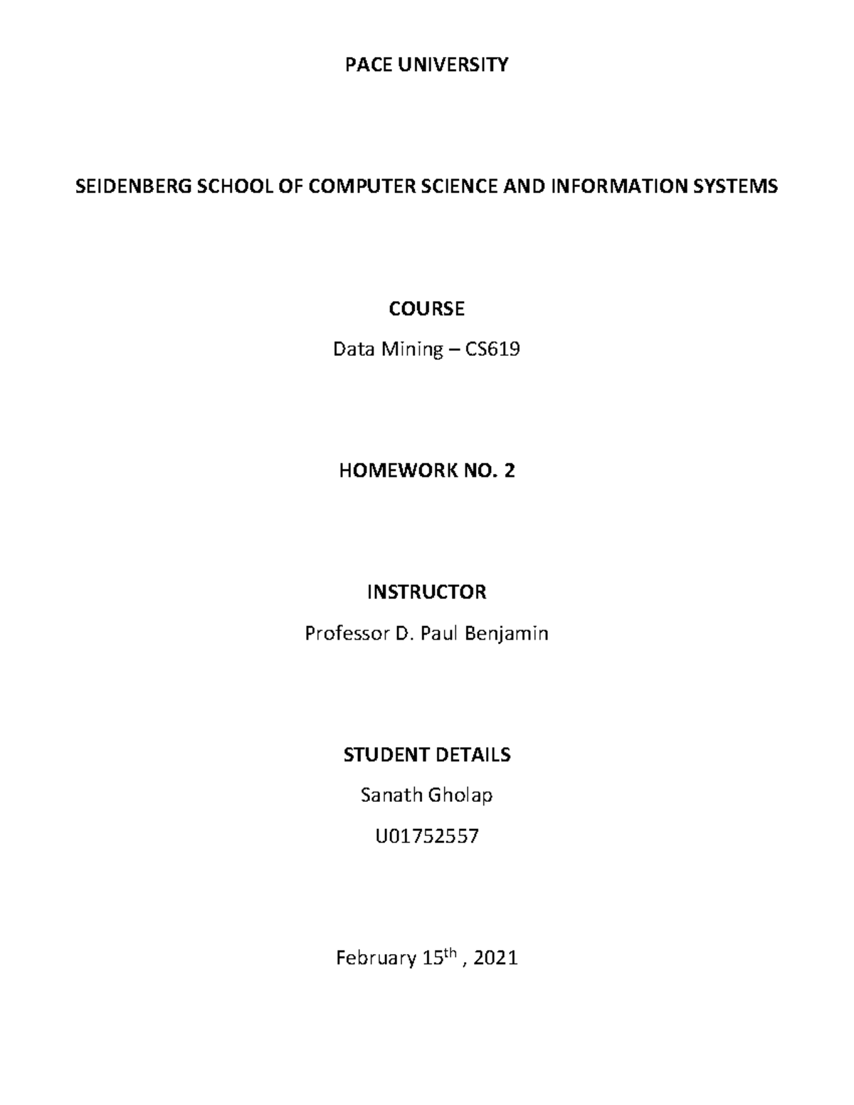 DM HW#2 - Assignment 2 - PACE UNIVERSITY SEIDENBERG SCHOOL OF COMPUTER ...