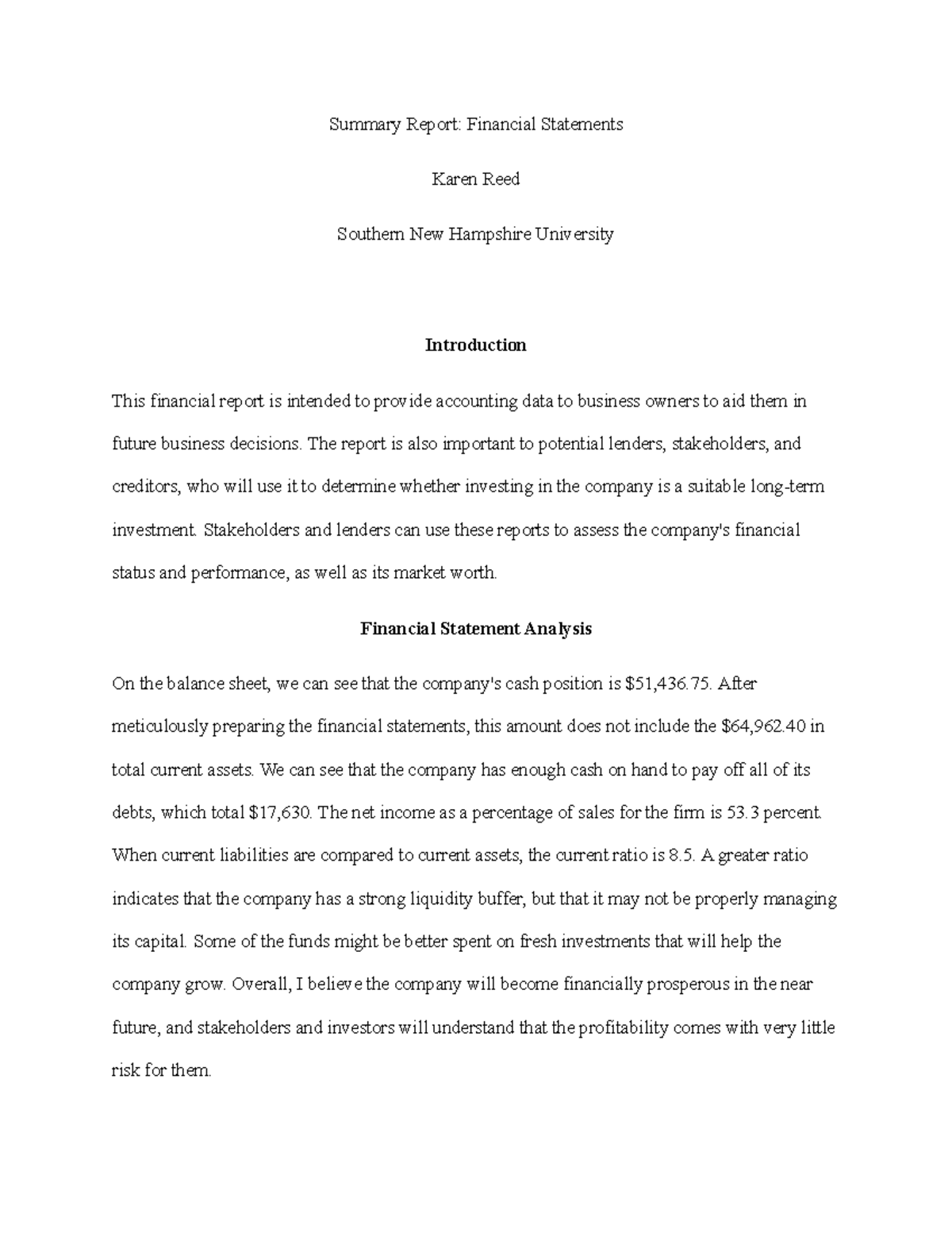 Accounting Summary Report - Summary Report: Financial Statements Karen ...