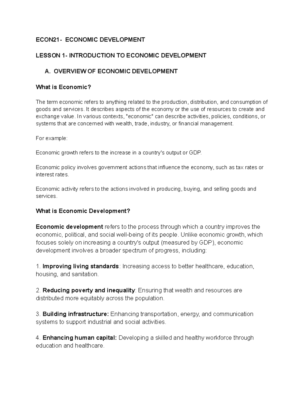 Econ 21 Lesson 1 - Economic Development Notes - ECON21- ECONOMIC ...