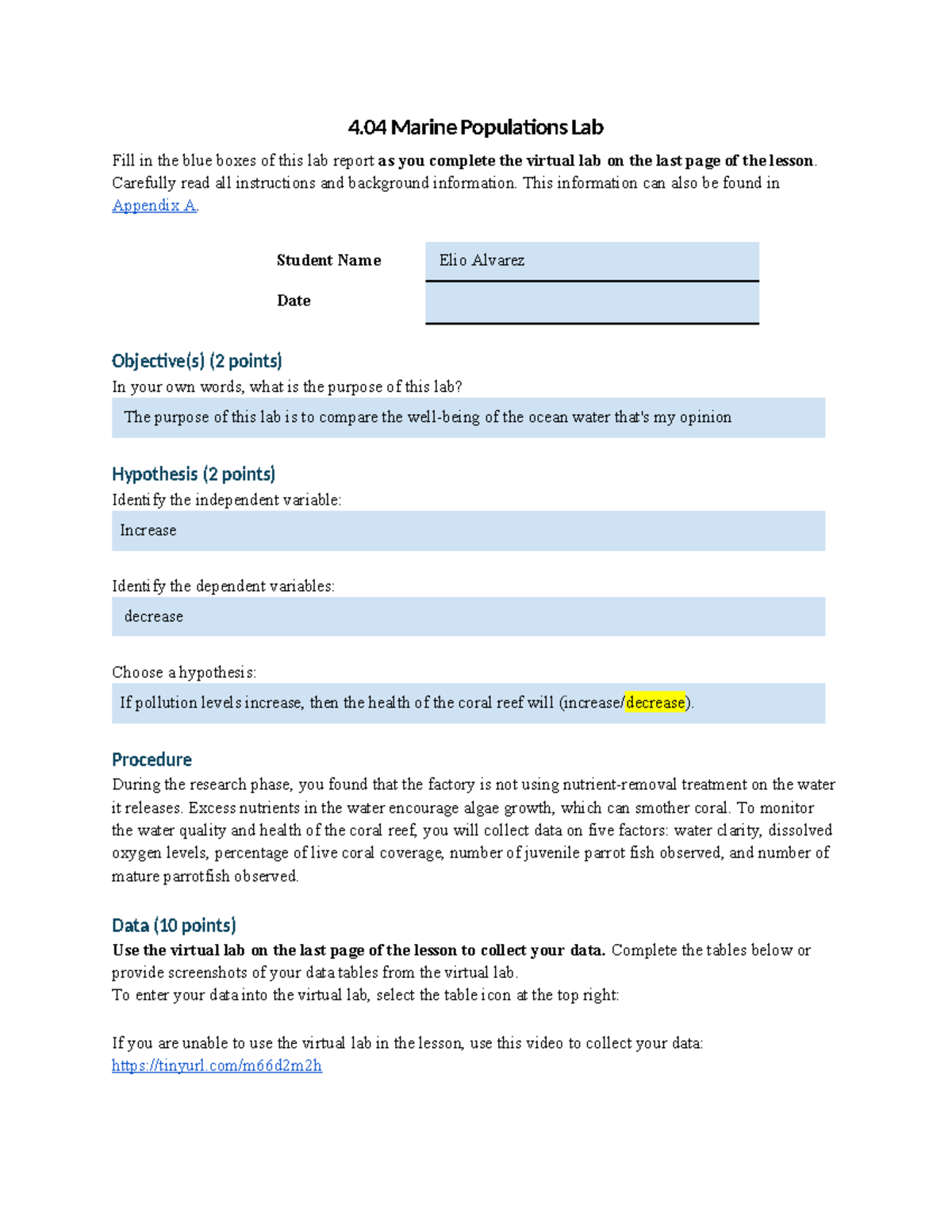 4.04 marine sience good one - 4 Marine Populations Lab Fill in the blue ...