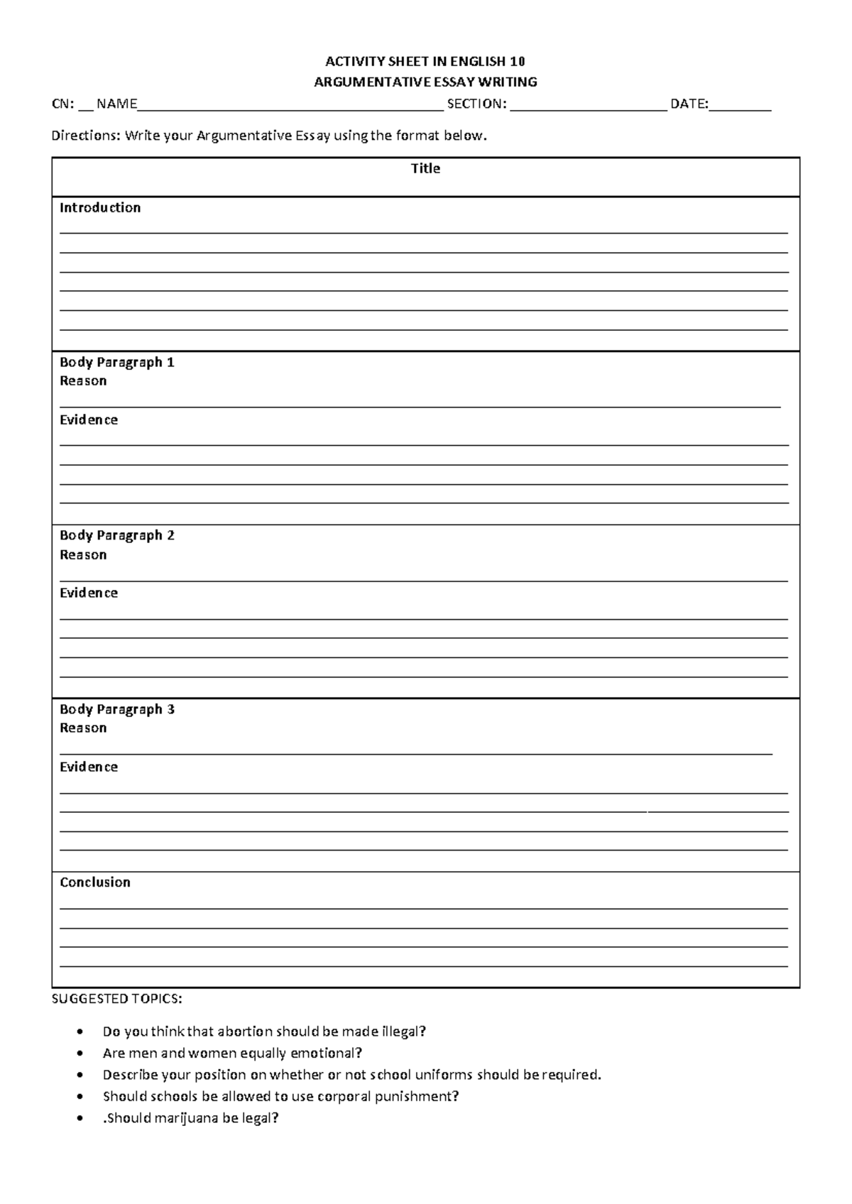 Argumentative Activity Sheet IN English 10 Q2L3 - ACTIVITY SHEET IN ...