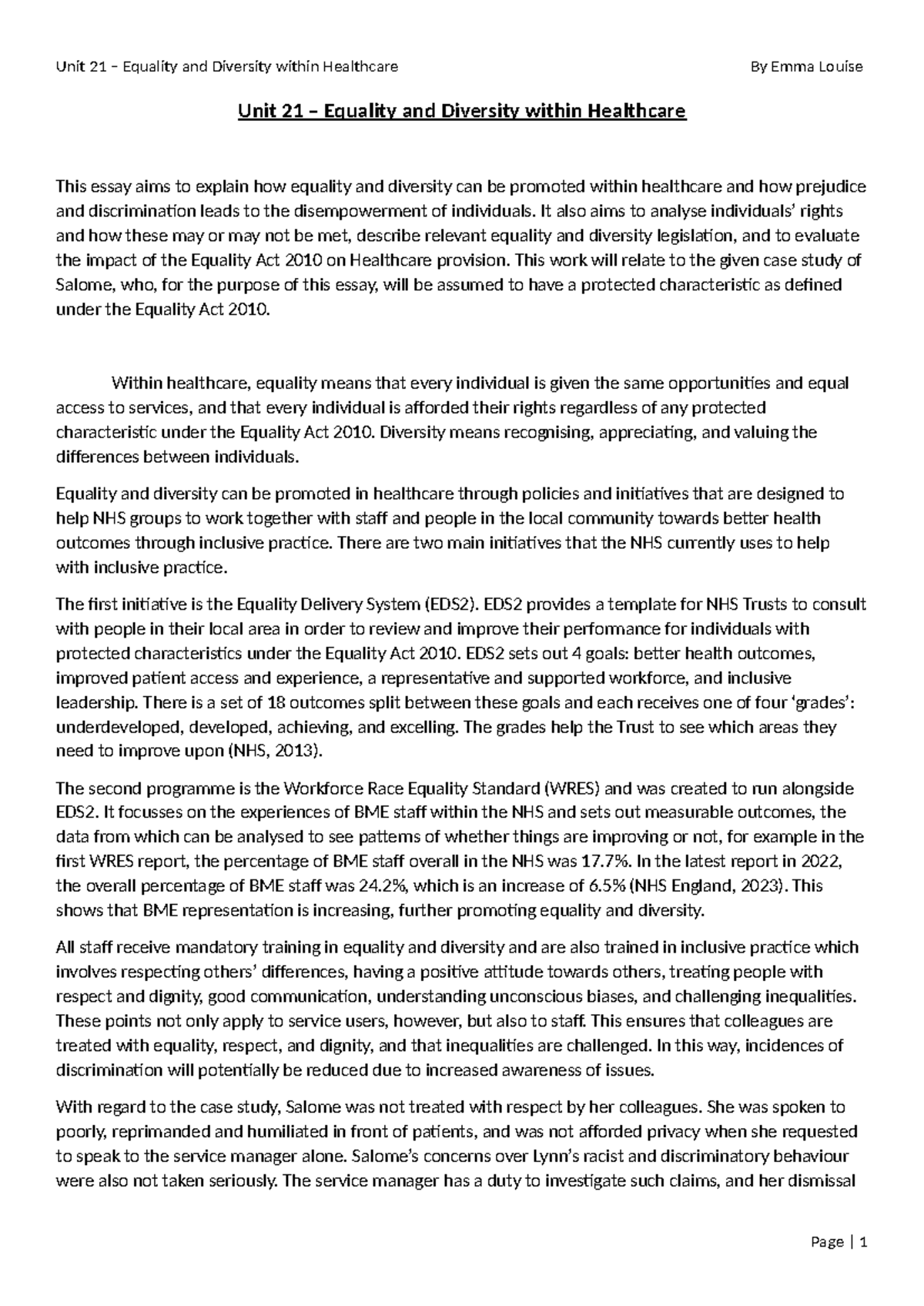 Unit 21 Essay - Graded - Distinction - Unit 21 – Equality and Diversity ...