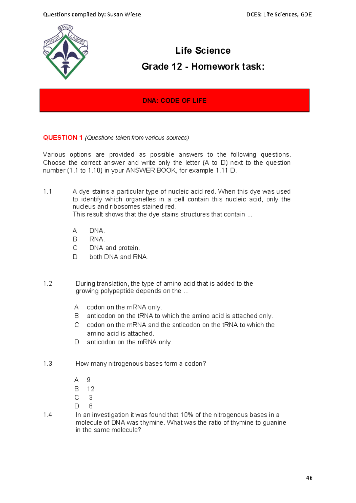 01 HWK - DNA Code of Life Gr12 - Life Science Grade 12 - Homework task ...