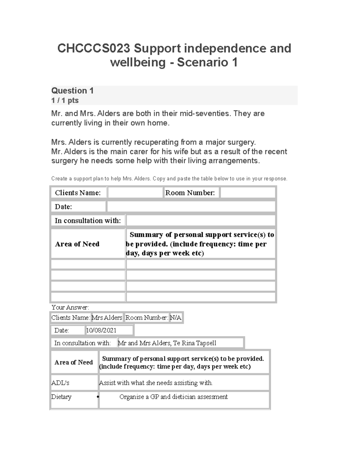 Chcccs 023 Support independence and wellbeing - Scenario 1 - CHCCCS023 ...