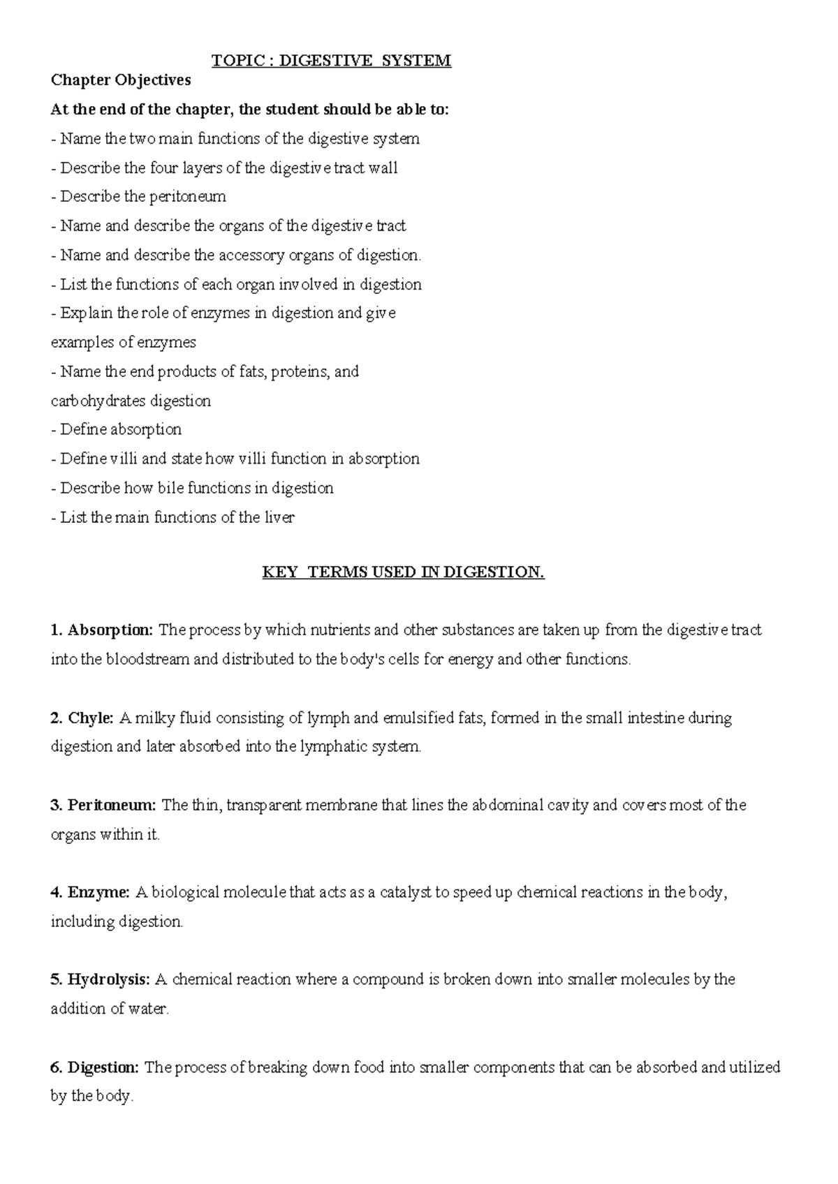 Topic Digestive System - TOPIC : DIGESTIVE SYSTEM Chapter Objectives At ...