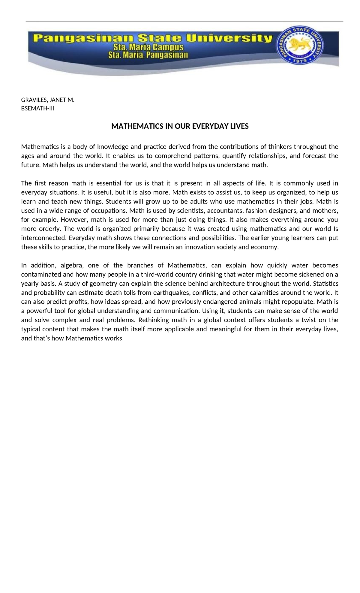 Essay - GRAVILES, JANET M. BSEMATH-III MATHEMATICS IN OUR EVERYDAY ...