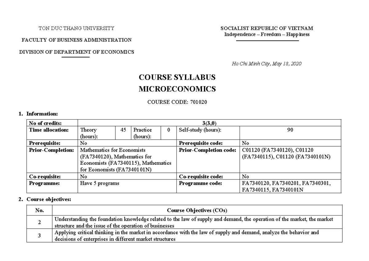 Đề cương 701020 - en - K - Microeconomics - 2 - TON DUC THANG ...