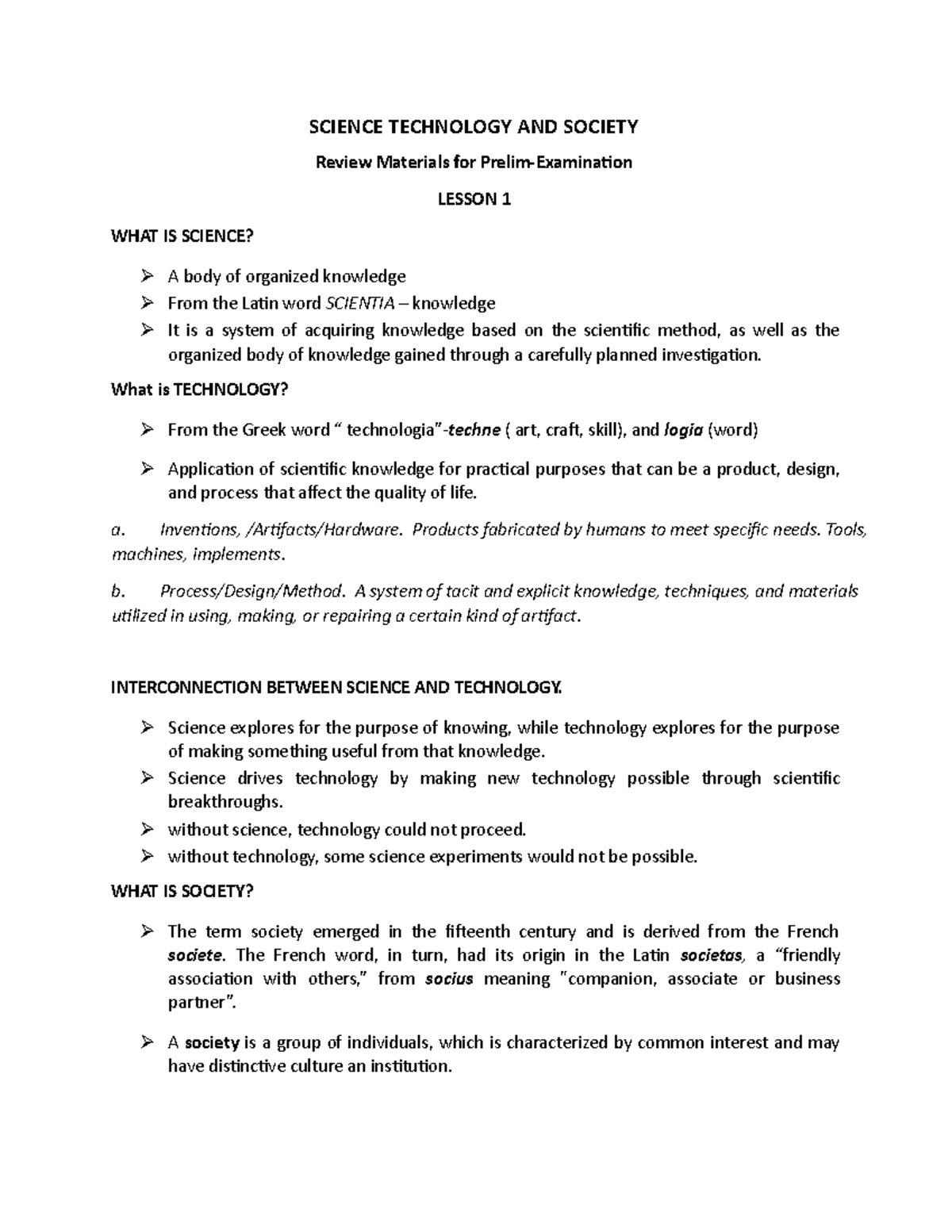 Review Materials-combined - ####### SCIENCE TECHNOLOGY AND SOCIETY ...