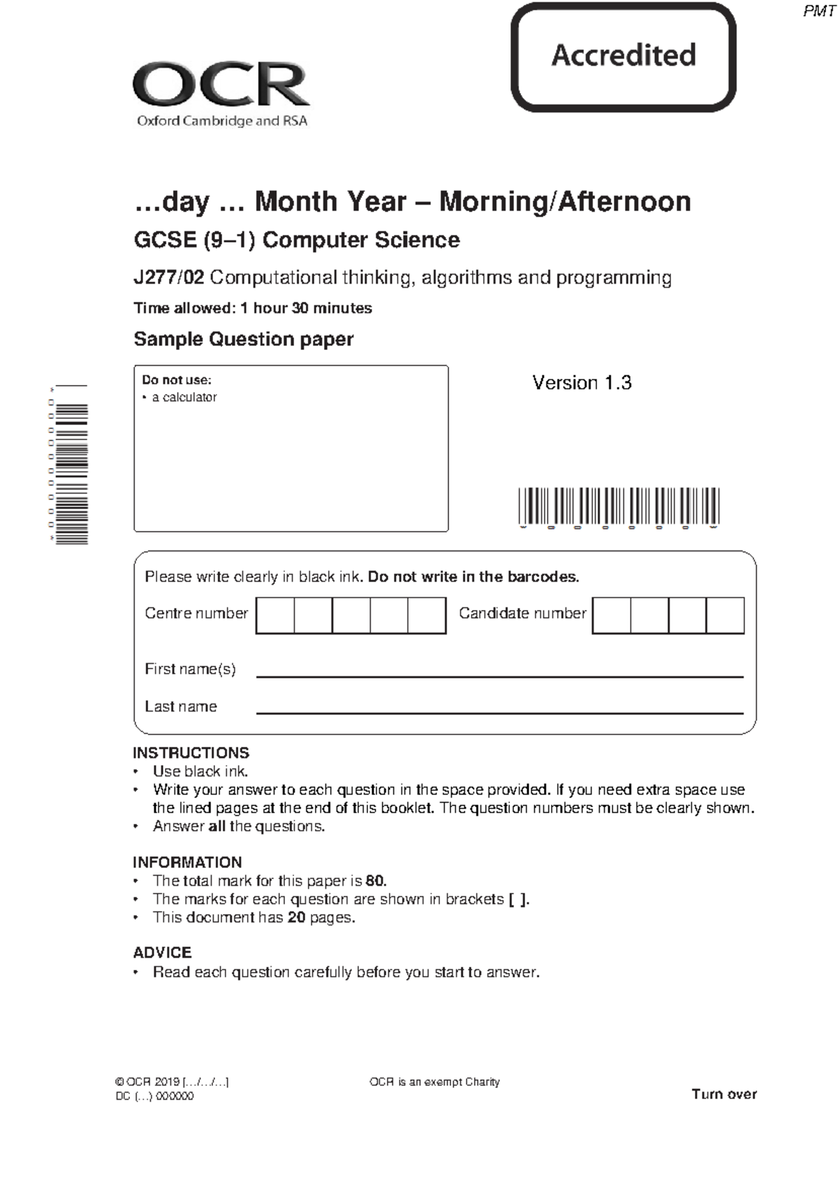 Specimen QP - Paper 2 OCR Computer Science GCSE - Please write clearly in black ink. Do not ...