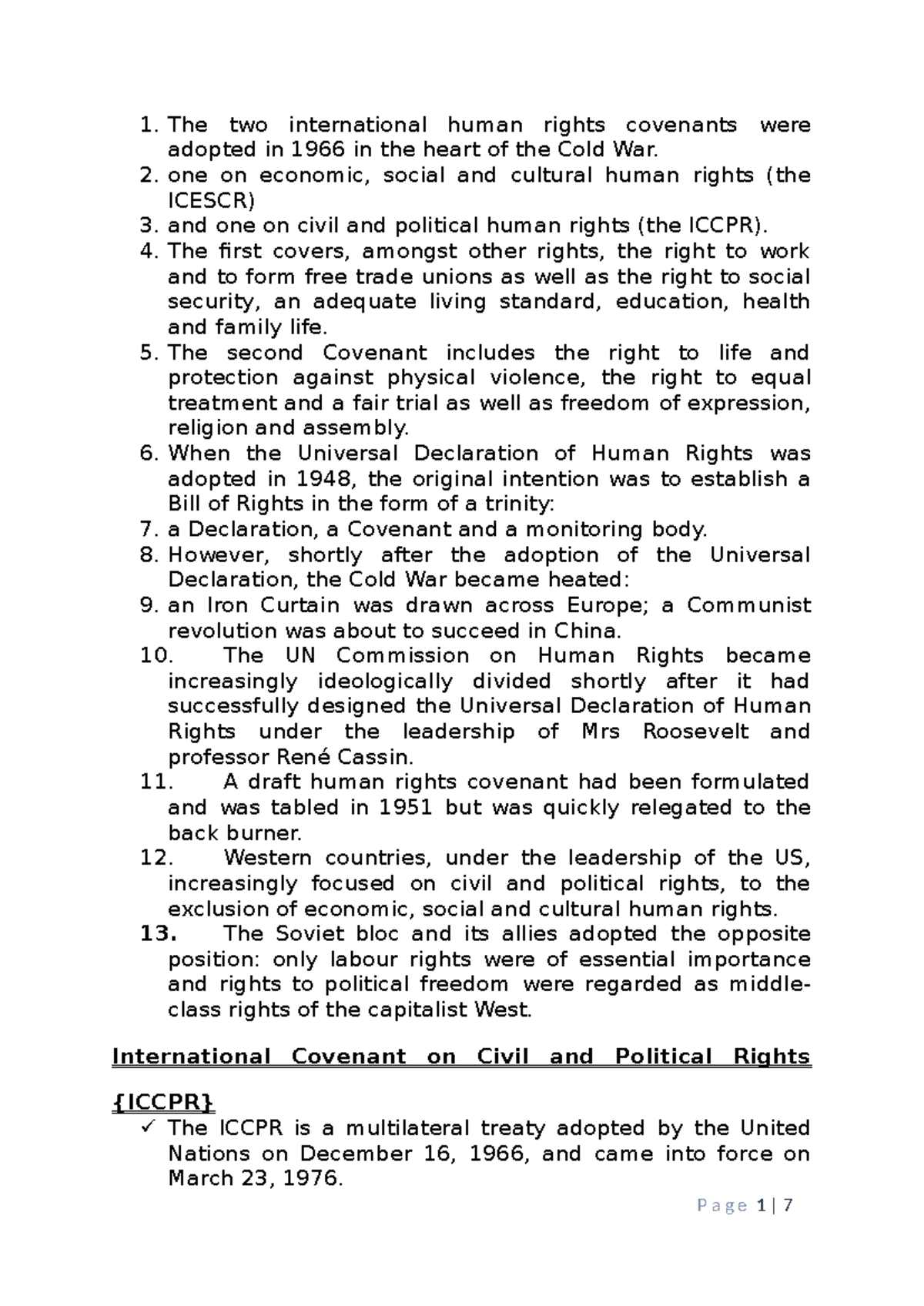 HR Asign - notes - 1. The two international human rights covenants were ...