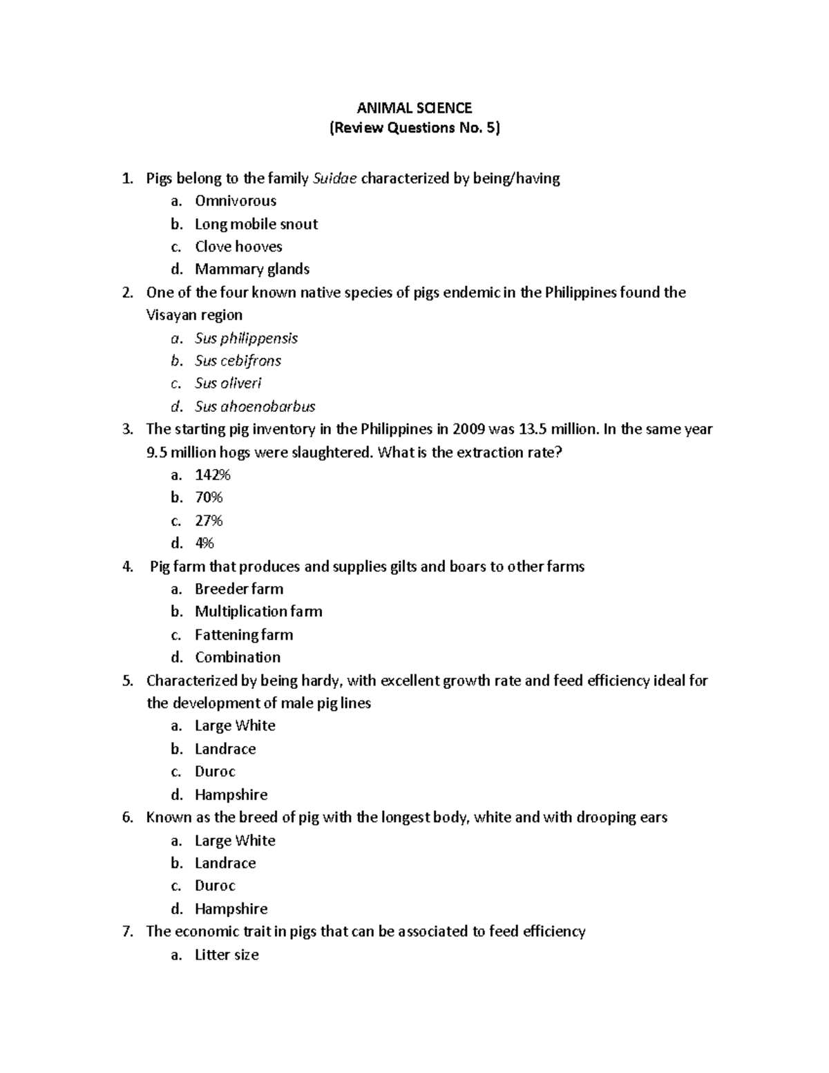 Review-Questions-No - Animal science - ANIMAL SCIENCE (Review Questions ...
