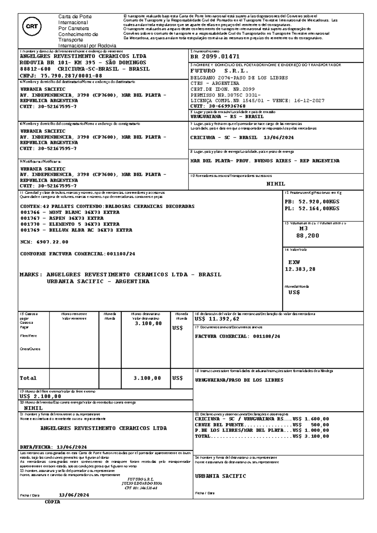 CRT - CARTA DE PORTE INTERNACIONAL. - Carta de Porte Internacional Por Carretera Conhecimento de ...