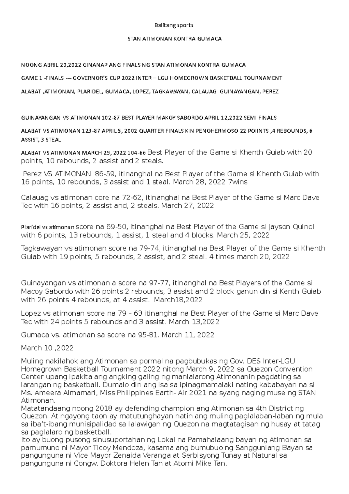 Balitang sports - Balitang sports STAN ATIMONAN KONTRA GUMACA NOONG ...