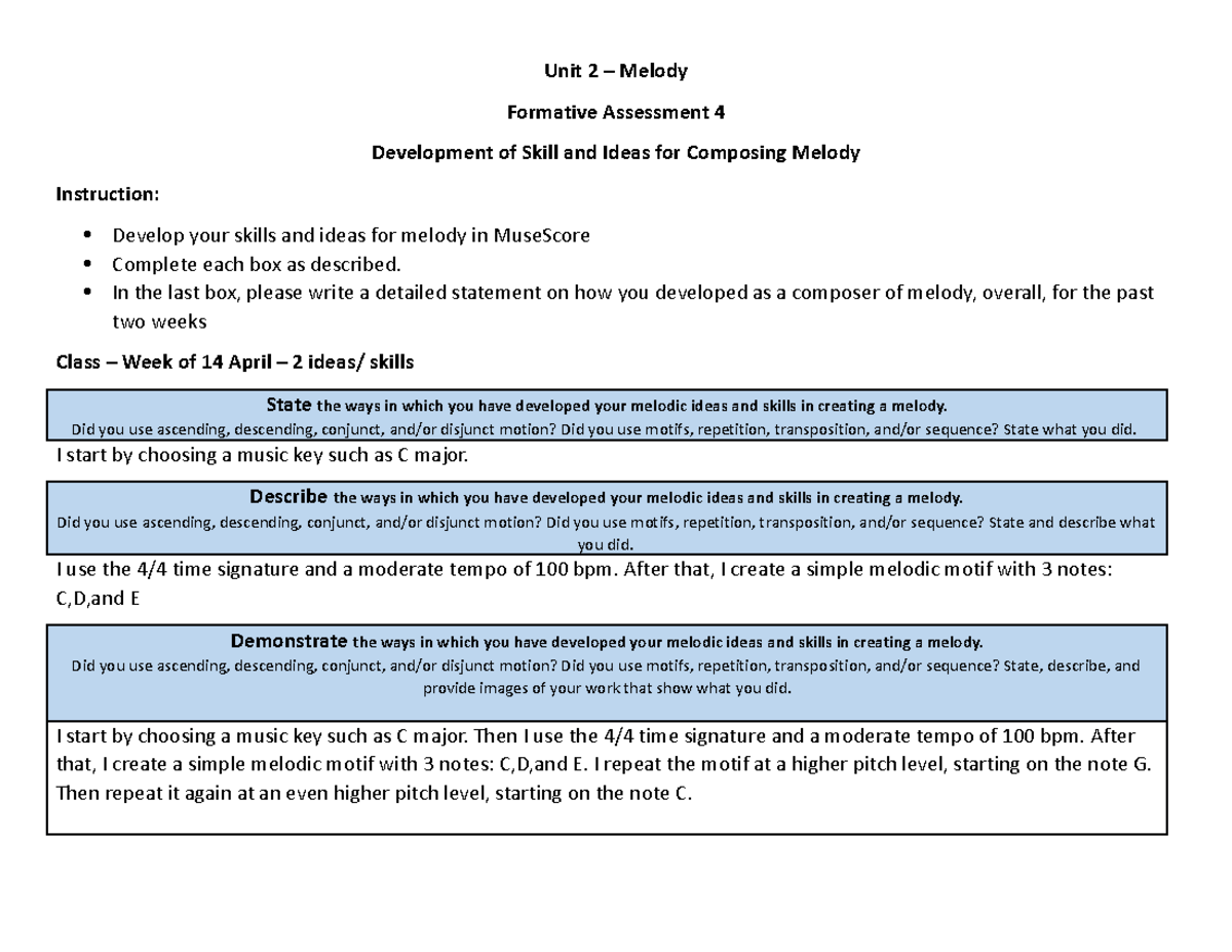 Unit 2 – Formative 4 - Unit 2 – Melody Formative Assessment 4 ...