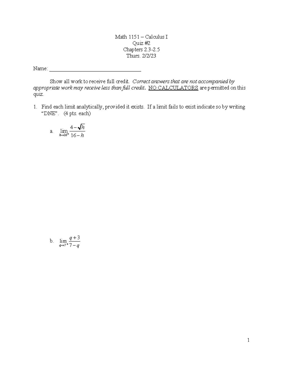 Quiz 2 - Practice for Calculus 1 Final exam. - 1 Math 1151 – Calculus I Quiz # Chapters 2-2 ...
