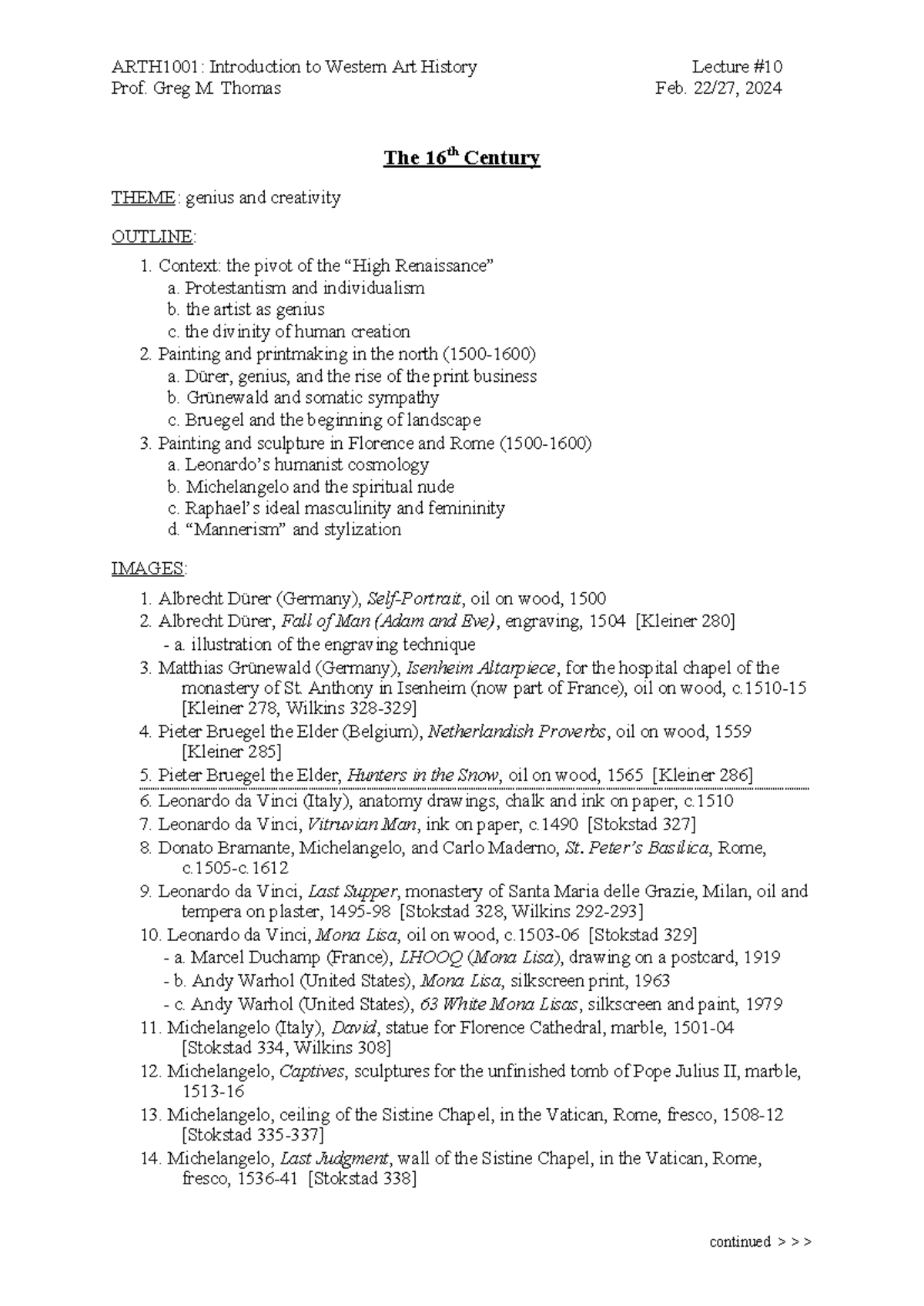 ARTH1001 handout #10, 16th century - ARTH1001: Introduction to Western ...