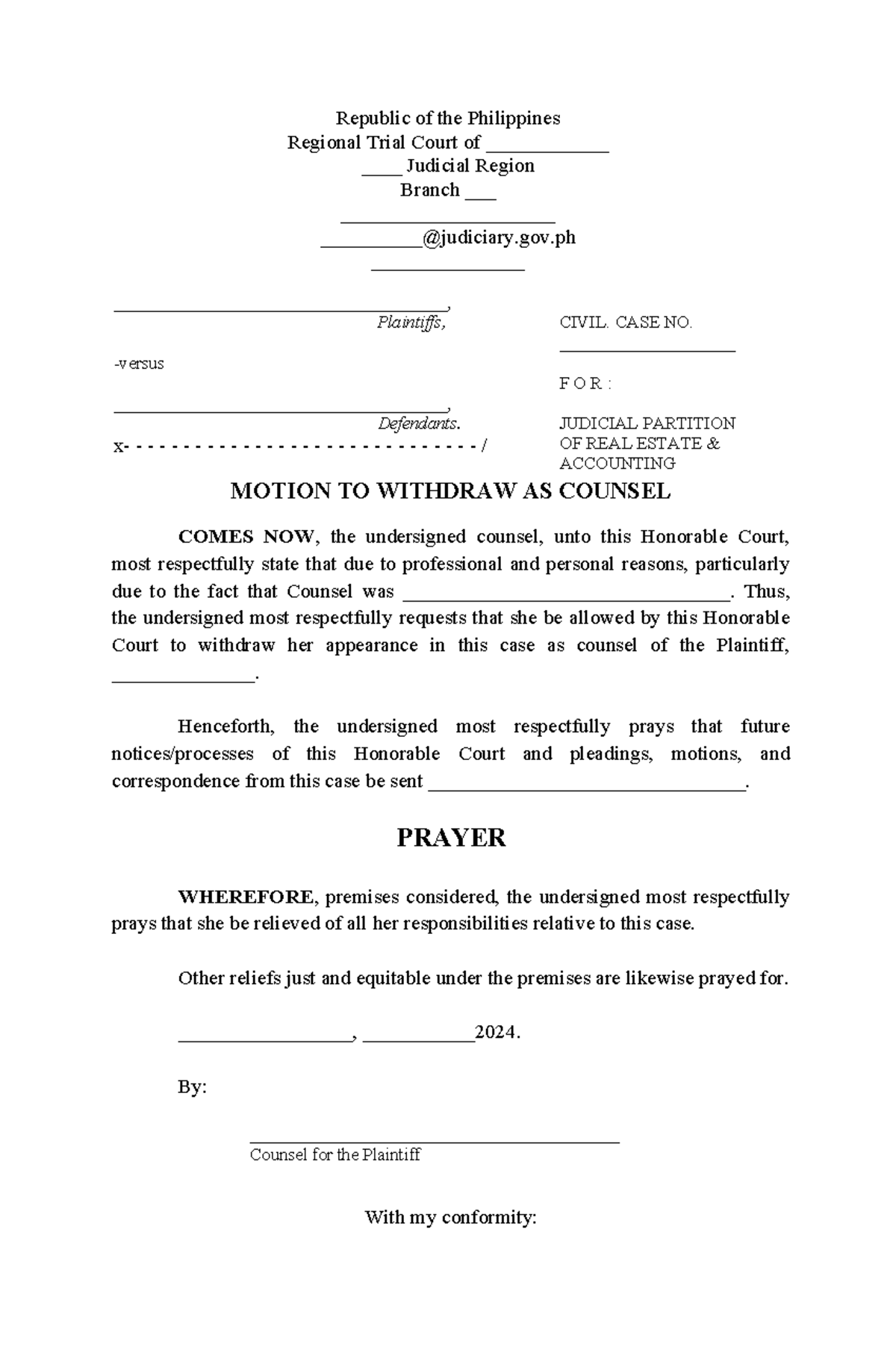 Motion to Withdraw as Counsel template - Republic of the Philippines ...