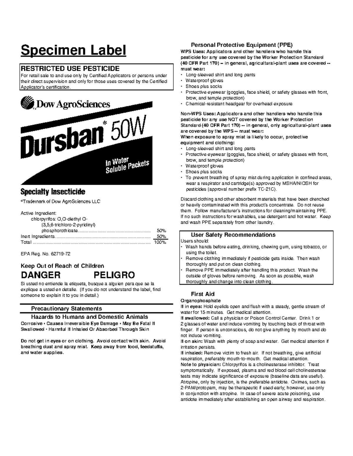 Dursban - Technical Description - Specimen Label RESTRICTED USE ...