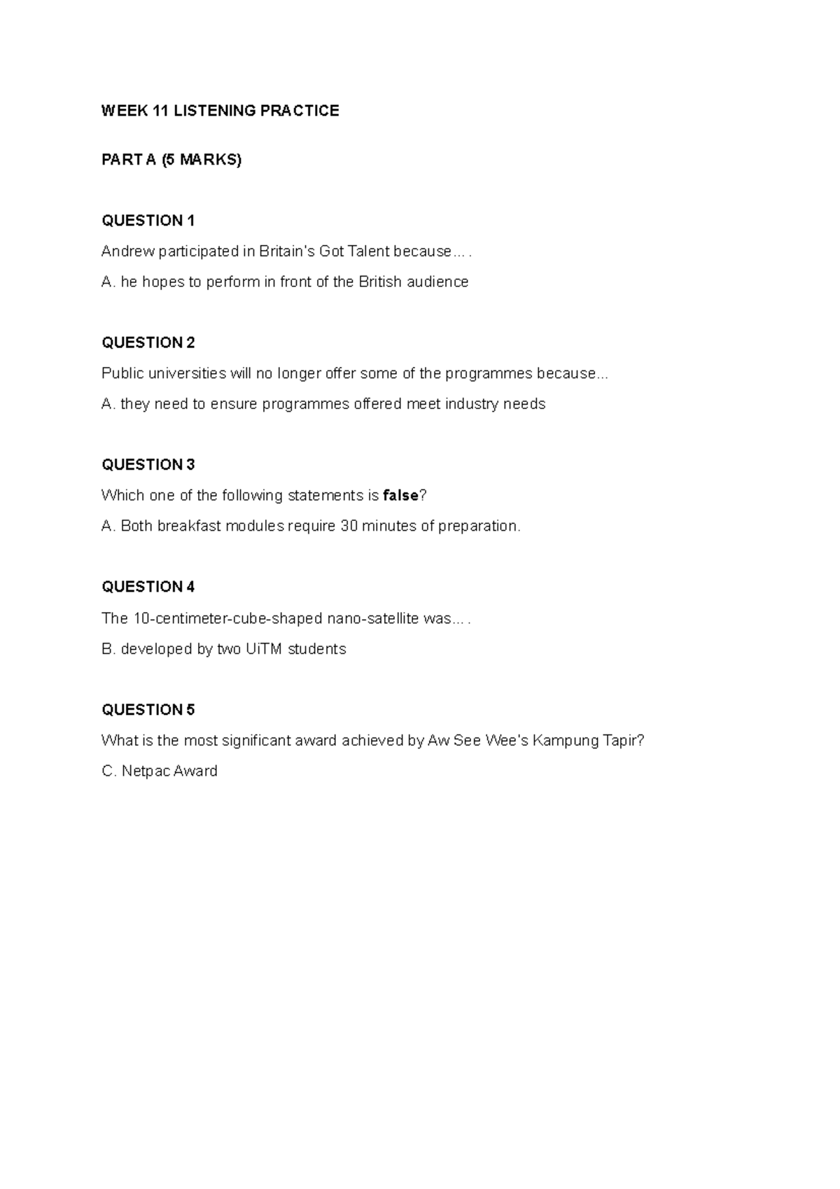 WEEK 11 Listening Practice - WEEK 11 LISTENING PRACTICE PART A (5 MARKS ...