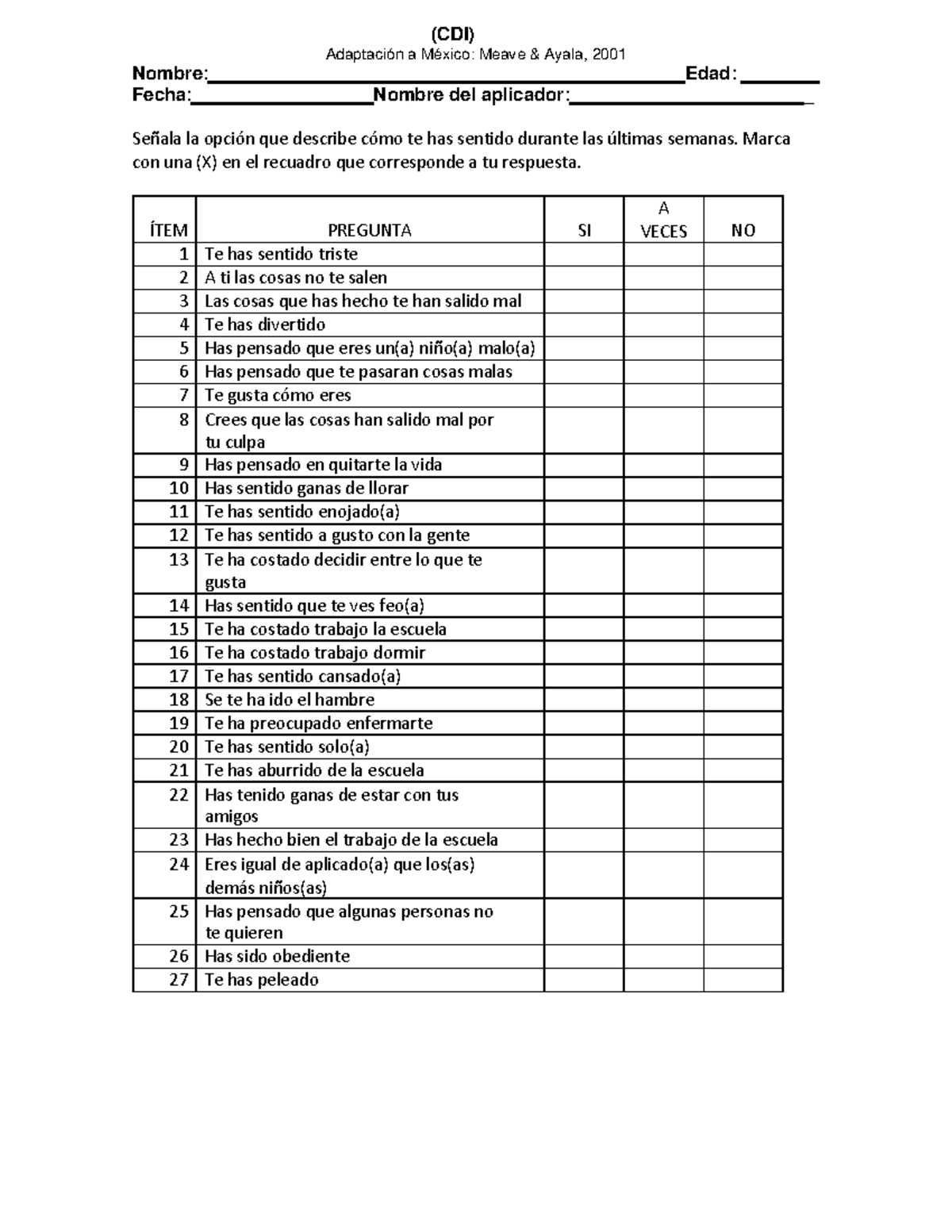 Cuestionario de Depresion Infantil - (CDI) Adaptación a México: Meave ...