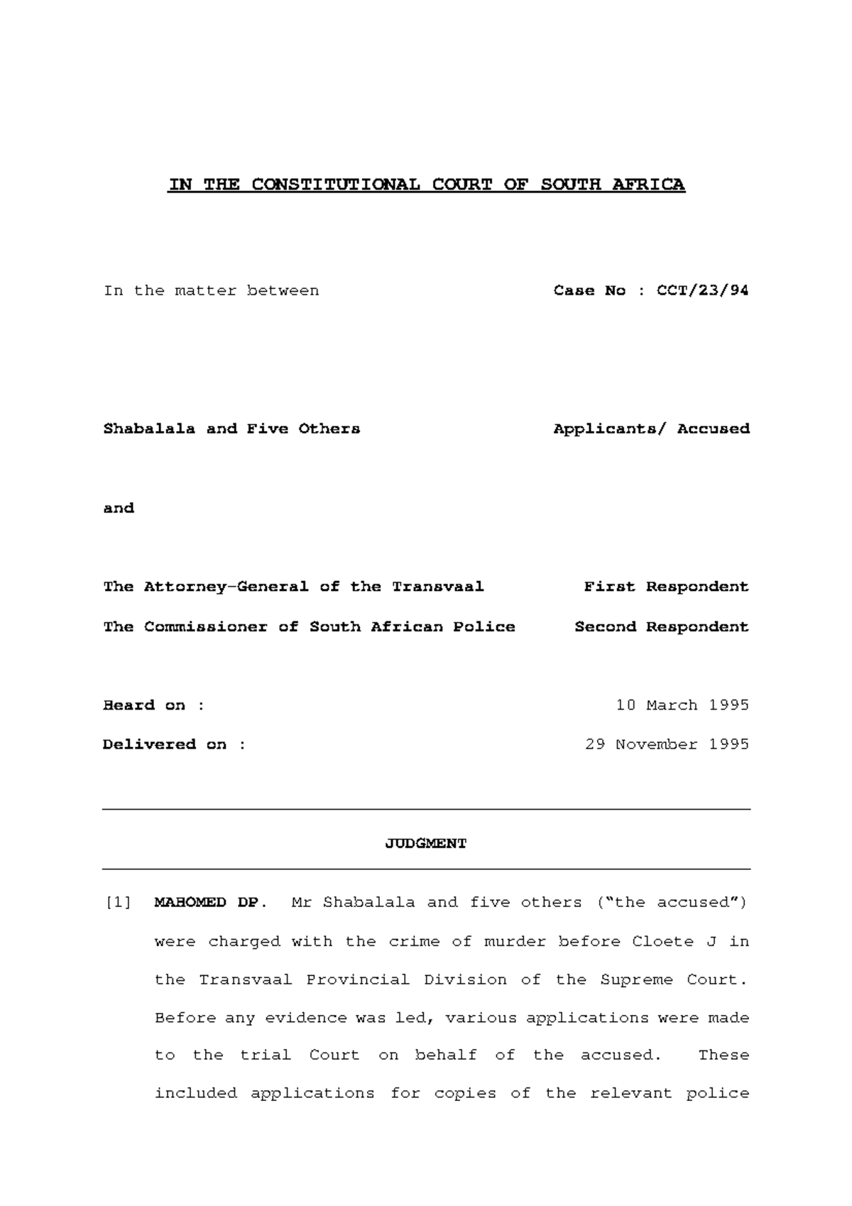Shabalala CASE - IN THE CONSTITUTIONAL COURT OF SOUTH AFRICA In the ...