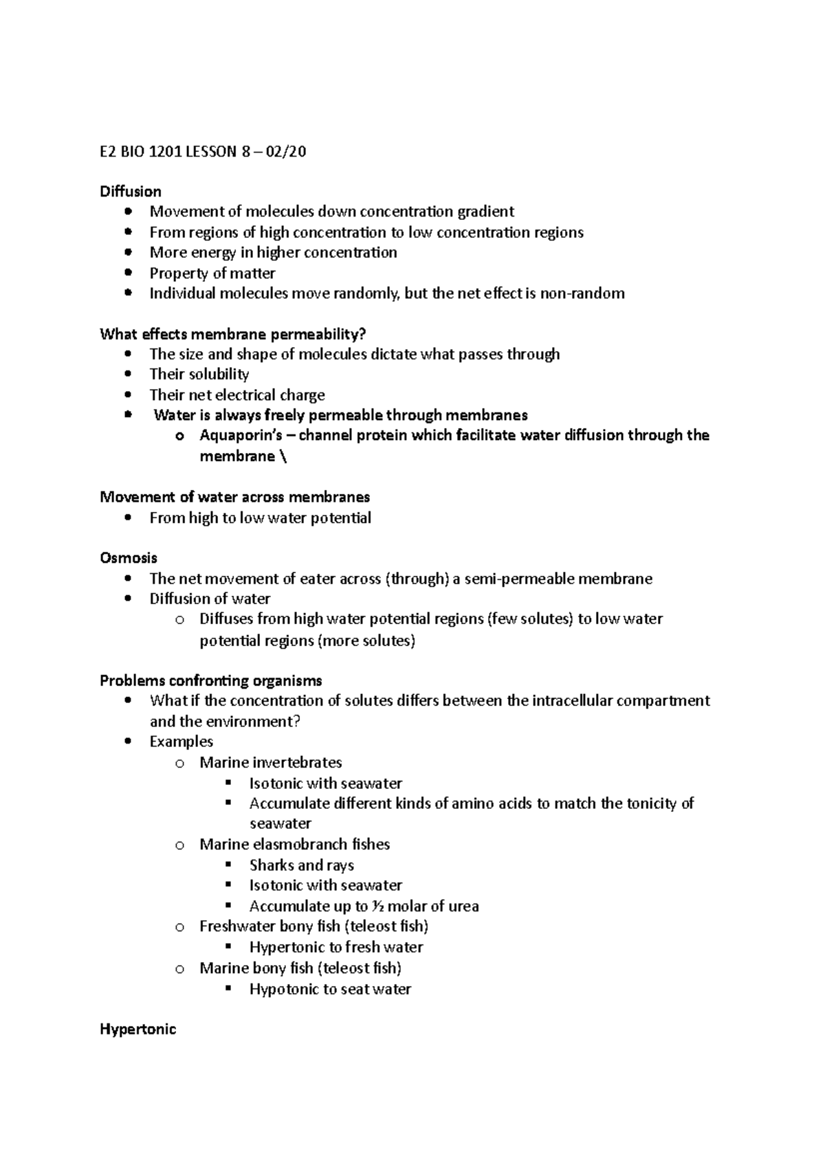 E2 BIO 1201 Lesson 8 - Lecture notes 8 - E2 BIO 1201 LESSON 8 – 02/20 ...