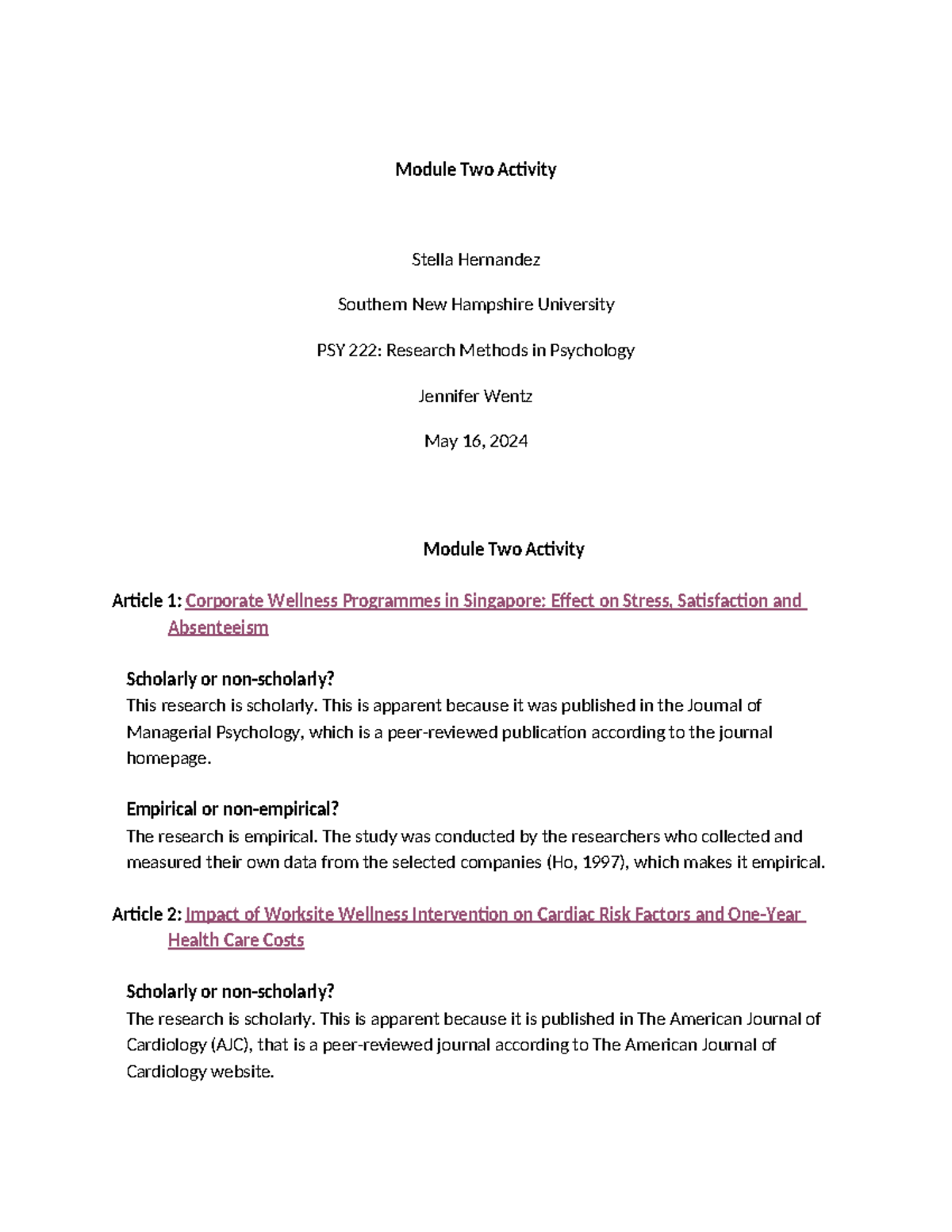 PSY 222 Module Two Activity - Module Two Activity Stella Hernandez Southern New Hampshire ...