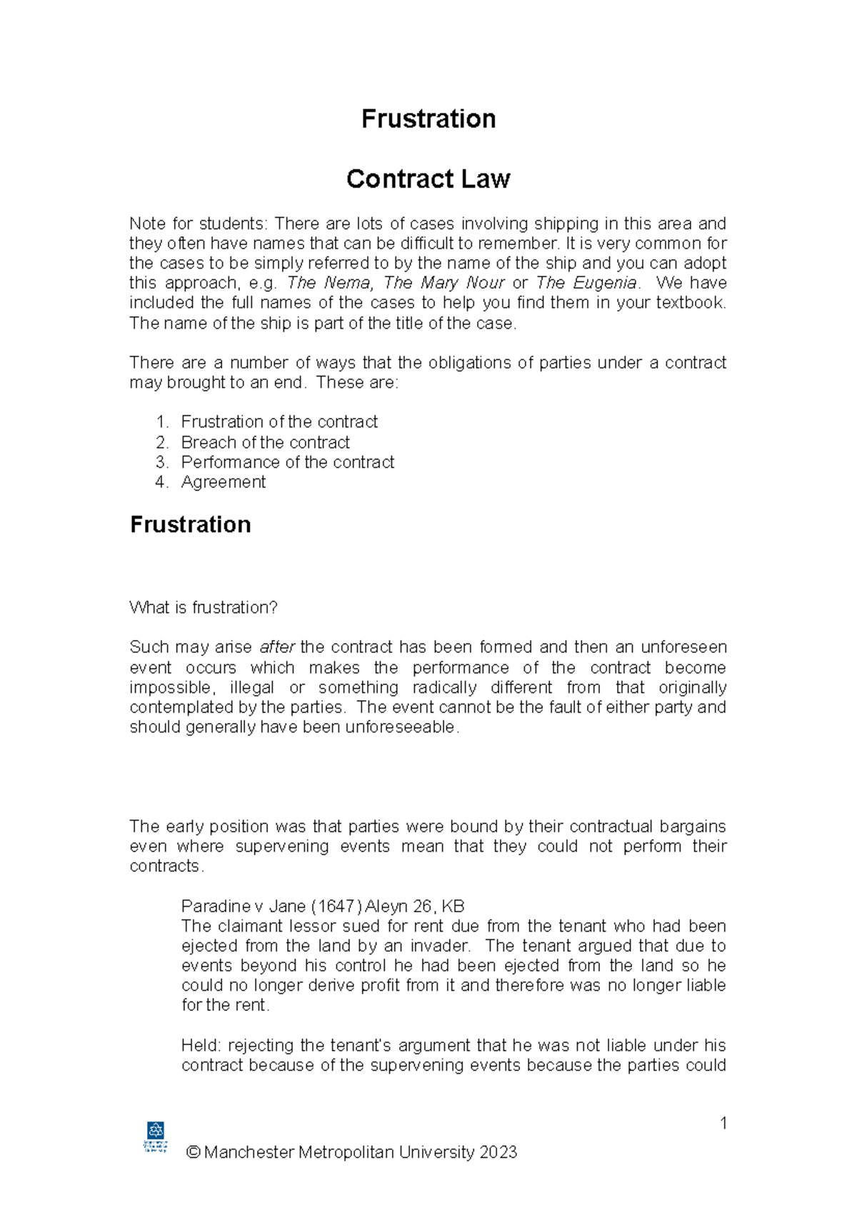 Frustration handout - Contract Law - Frustration Contract Law Note for ...