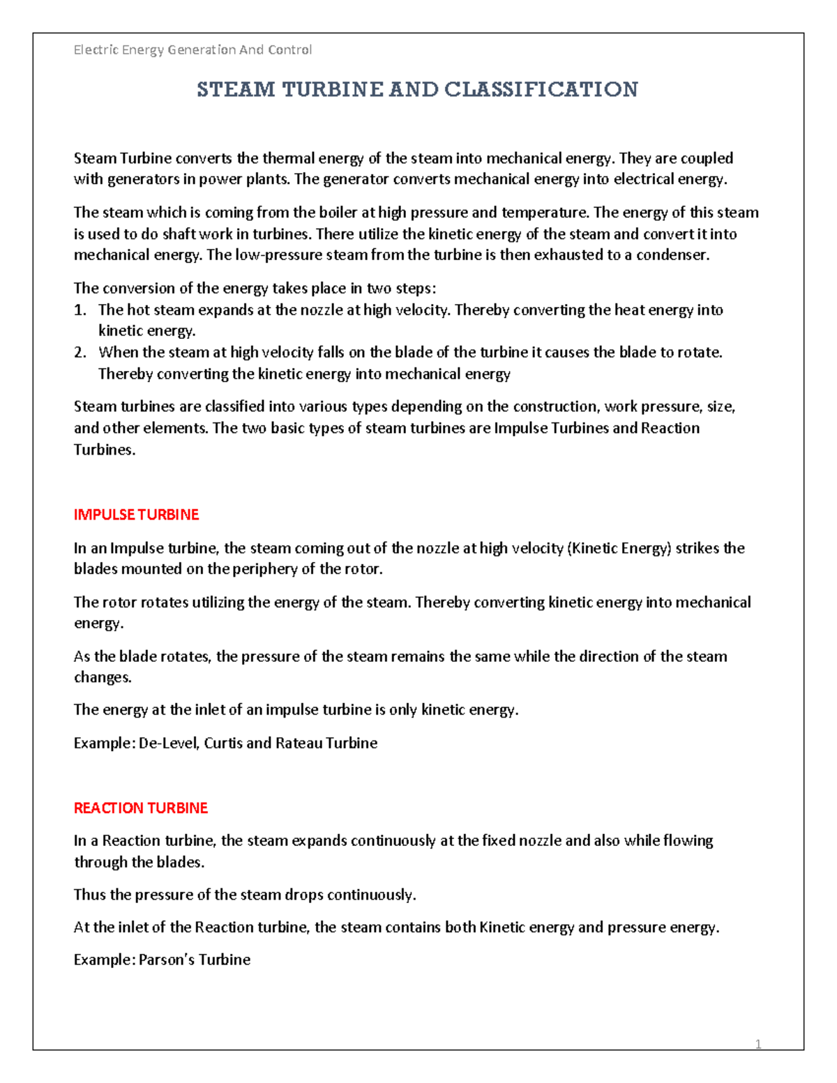 Steam Turbine and Classification - Electric Energy Generation And ...