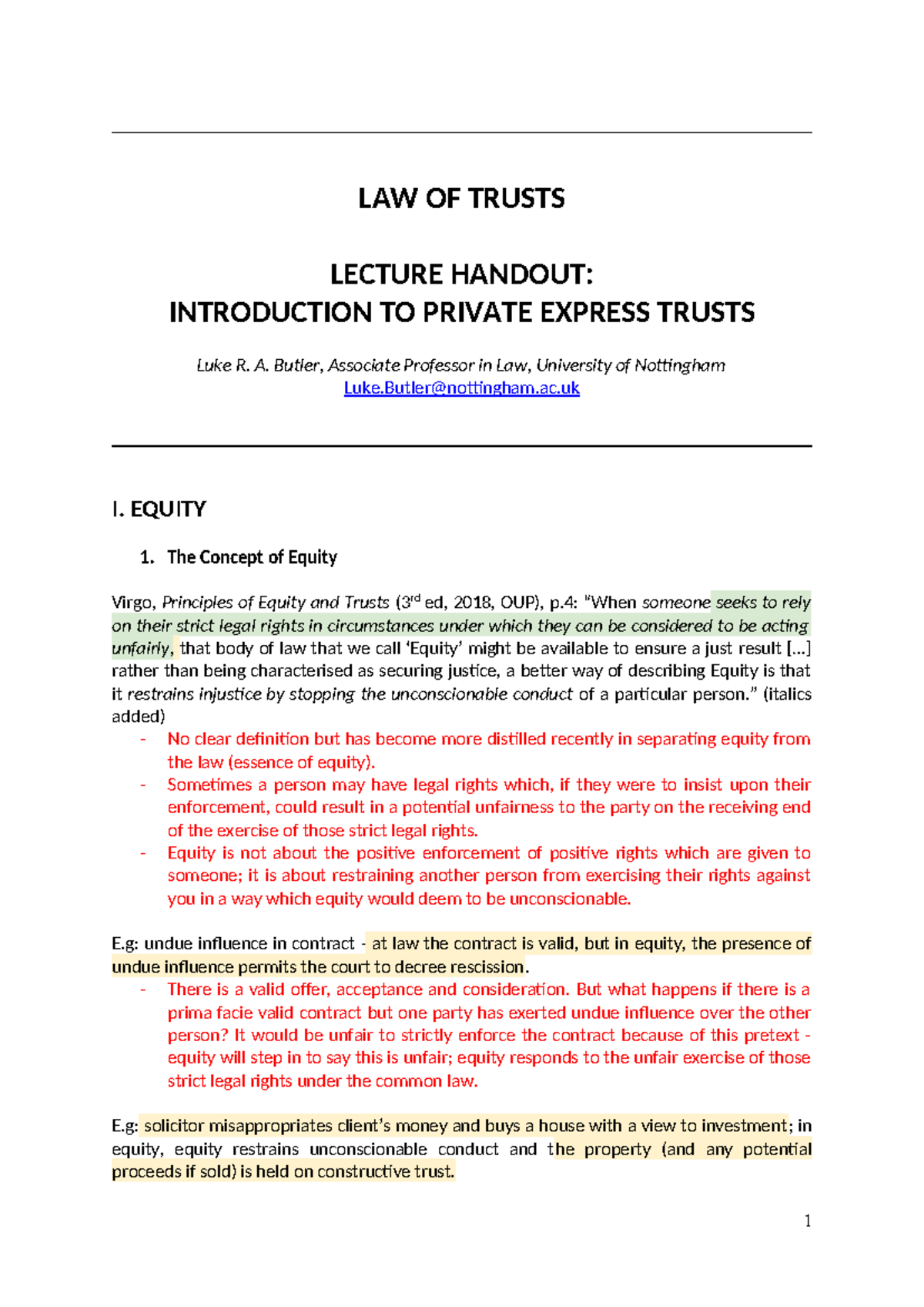 I. Equity Handout (1)-2 - LAW OF TRUSTS LECTURE HANDOUT: INTRODUCTION ...