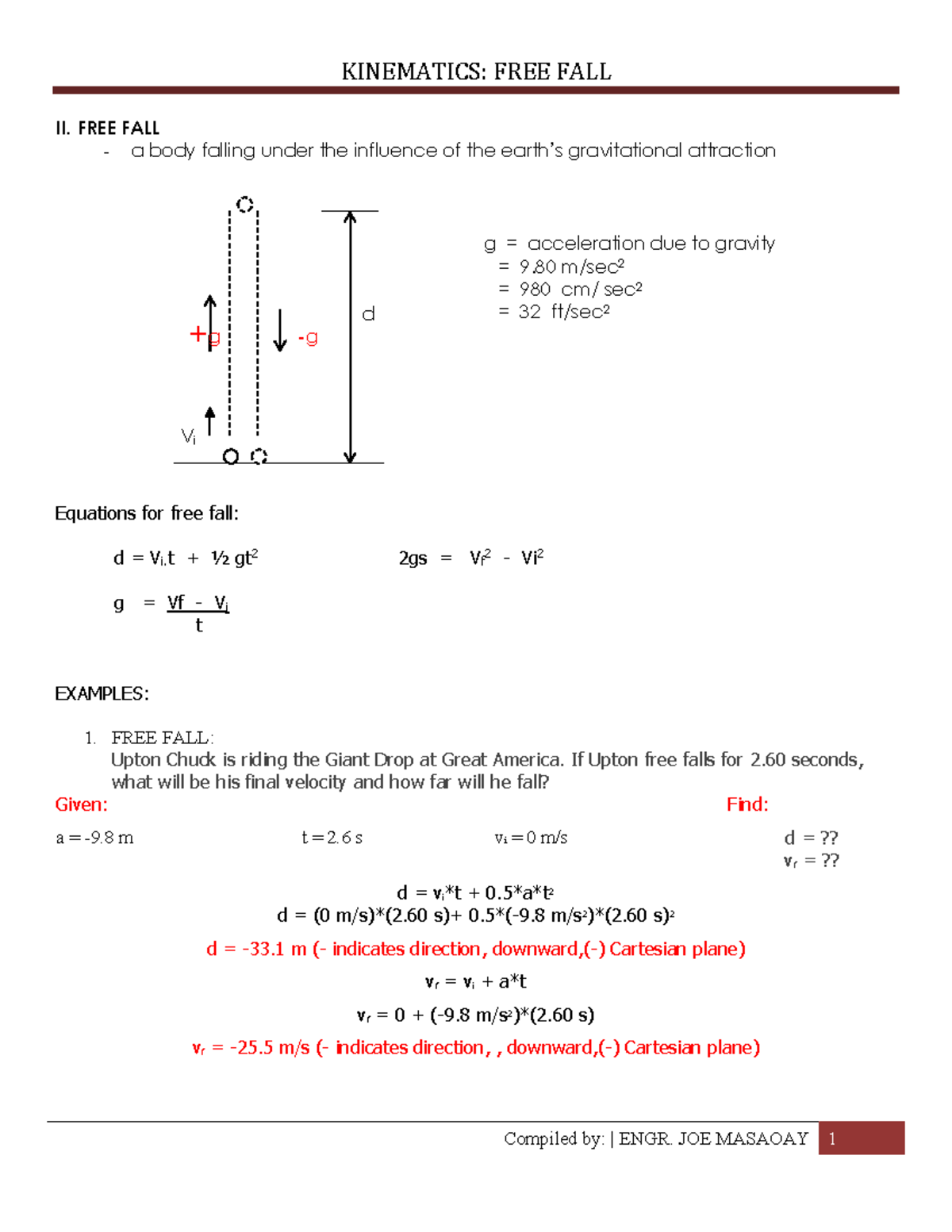 FREE FALL - Lecture notes 1, 3-7,10 - Civil engineering - ANTEO - Studocu