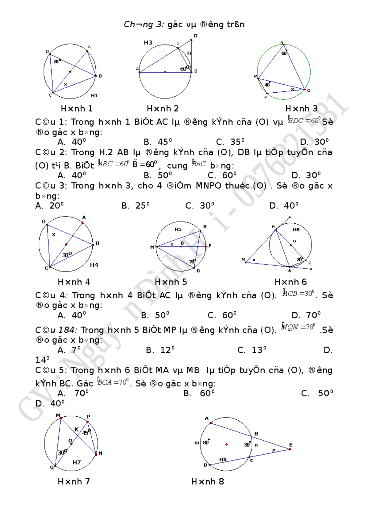 Hinh 9 . Chuong III. Goc voi duong tron - Ch¬ng 3: gãc vμ ®êng trßn H x 60 o B C A D H 60 o n C ...