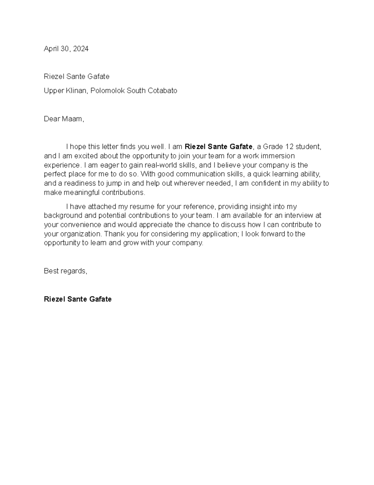Application Letter - April 30, 2024 Riezel Sante Gafate Upper Klinan ...