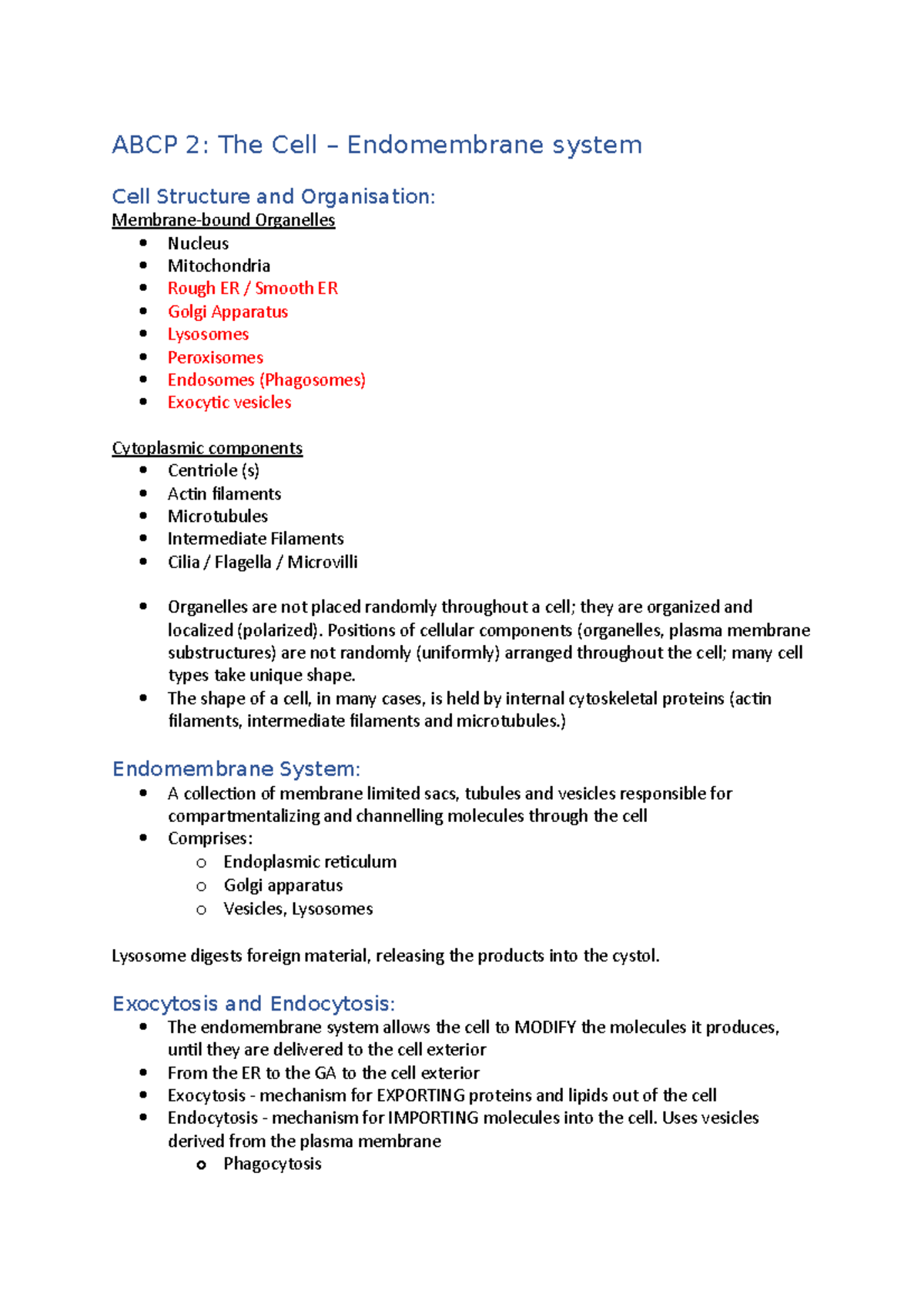 ABCP 2 - The cell - Lecture notes 2 - ABCP 2: The Cell – Endomembrane ...