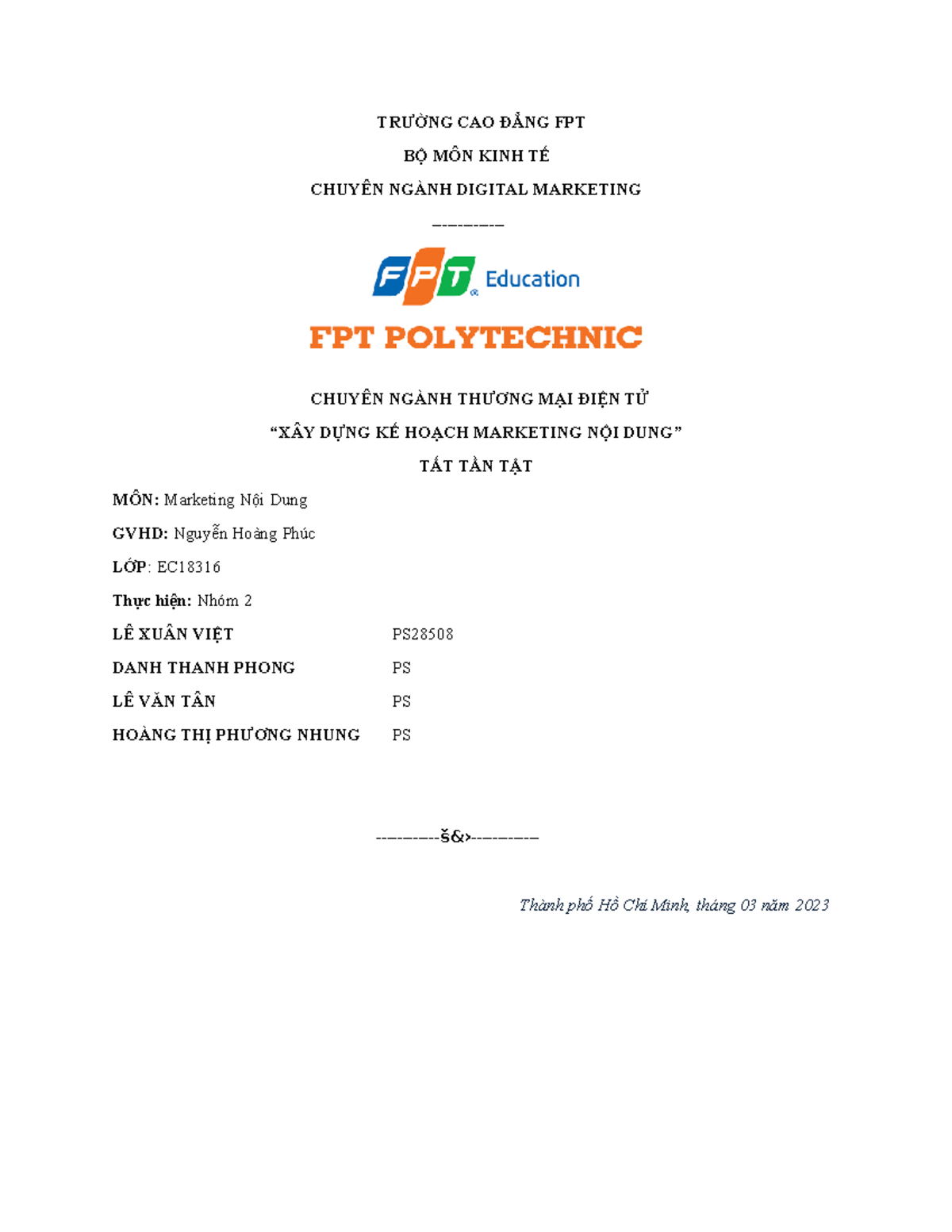 TRƯỜNG CAO ĐẲNG FPT Conten MKT - TRƯỜNG CAO ĐẲNG FPT BỘ MÔN KINH TẾ ...