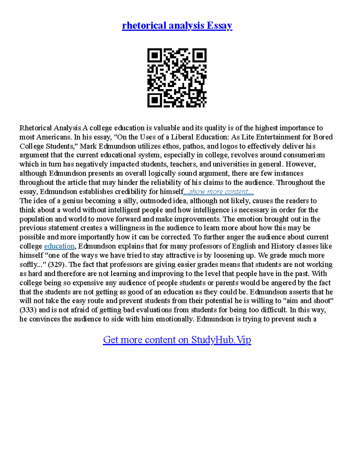 Rhetorical Analysis Essay - rhetorical analysis Essay Rhetorical ...