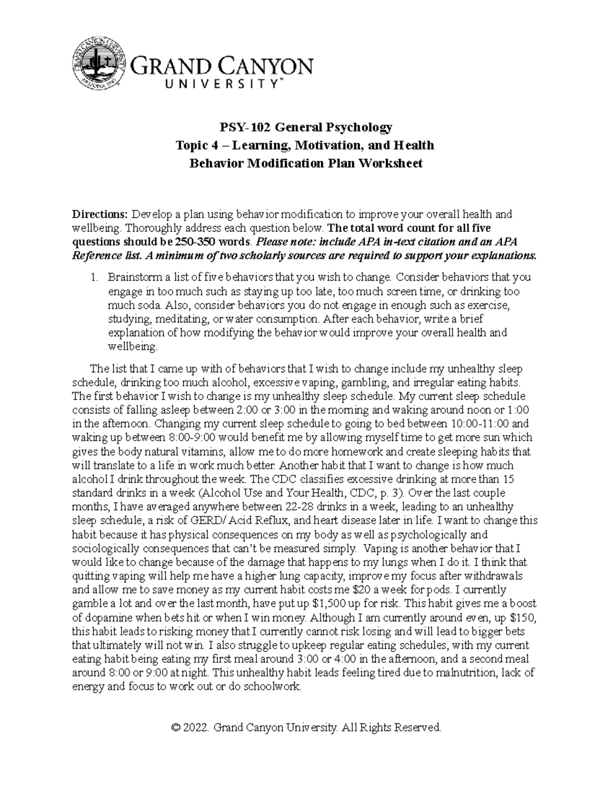 PSY 102 RS T4 Behavior Modification Plan - PSY-102 General Psychology ...