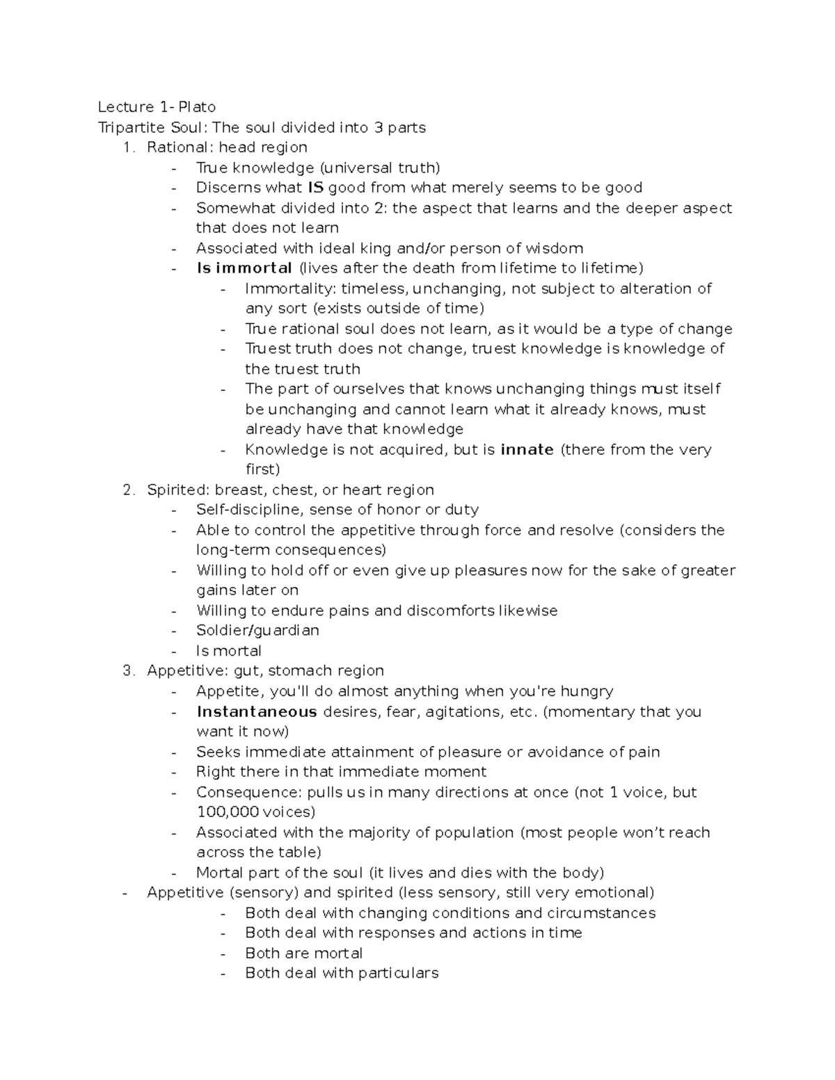 Phil notes - Lecture 1- Plato Tripartite Soul: The soul divided into 3 ...