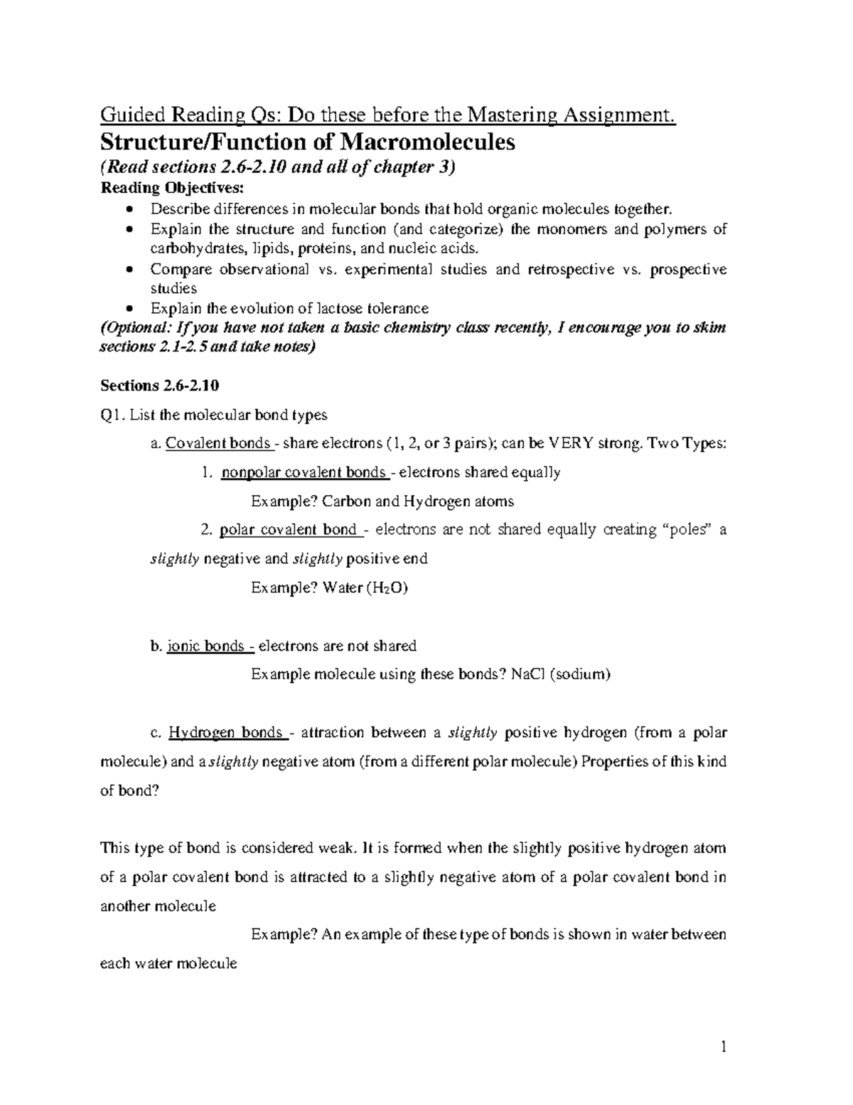 Lesson 2 GRQs Structure and Function of Macromolecules - Guided Reading ...