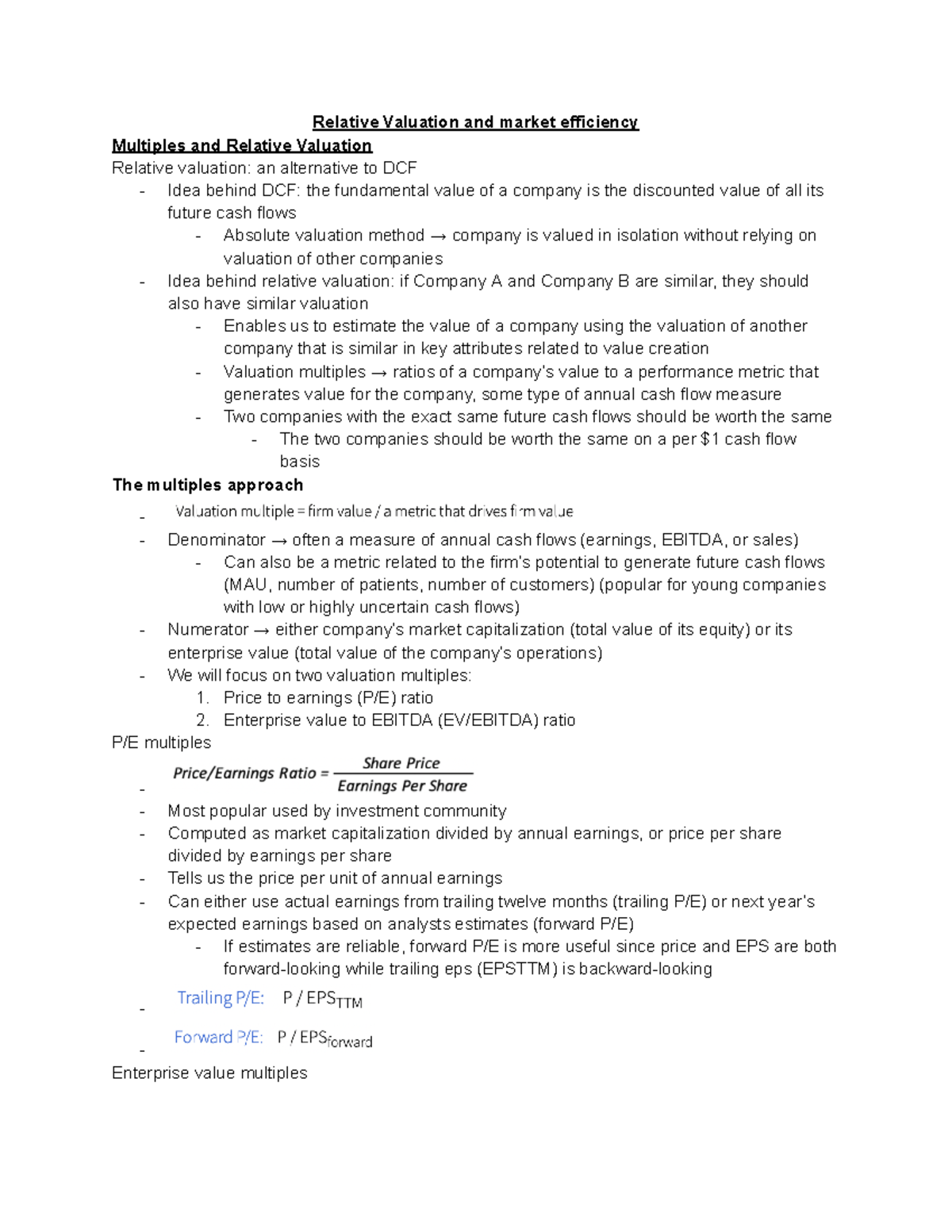 FINA 363 Lecture 9 - Google Docs - Relative Valuation and market efficiency Multiples and ...